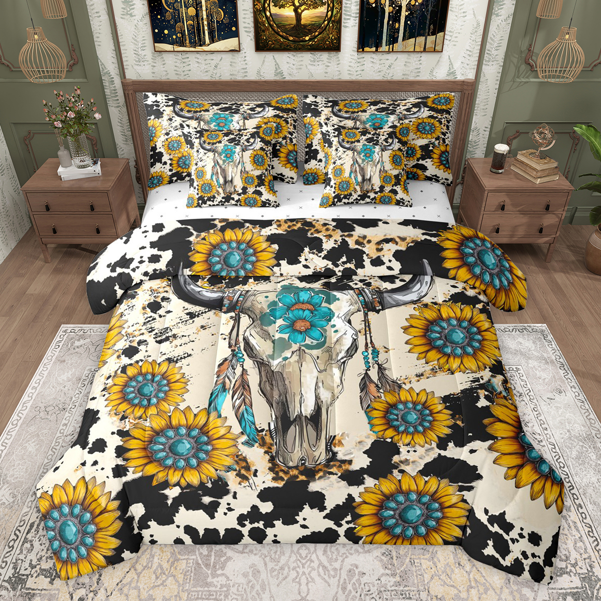 Homewish Western Vintage Bull Skull Bedding Comforter Set 7-Piece for ...