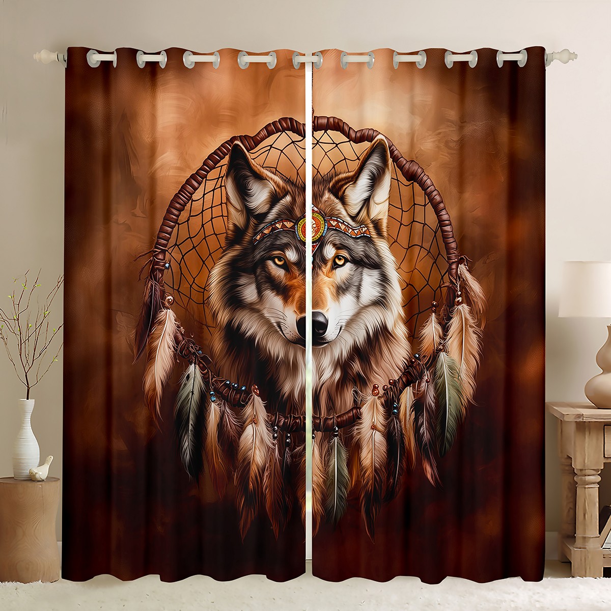 Homewish Western Wolf King Black Out Curtains for Kid, Hippie Tribal ...