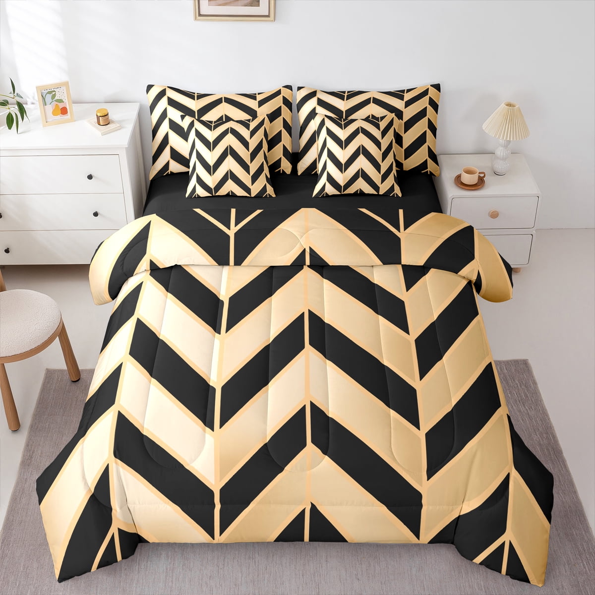 Homewish Wheat Black Abstract Bedding Comforter Set 7-Piece for Women ...