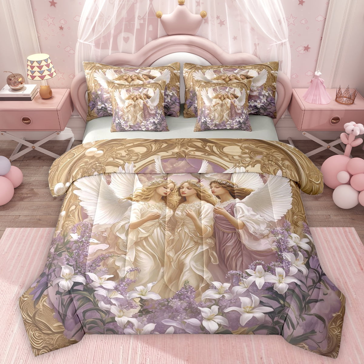 Homewish White Lily 7pcs Bedding Comforter Set,Chic Angel Girls Queen ...