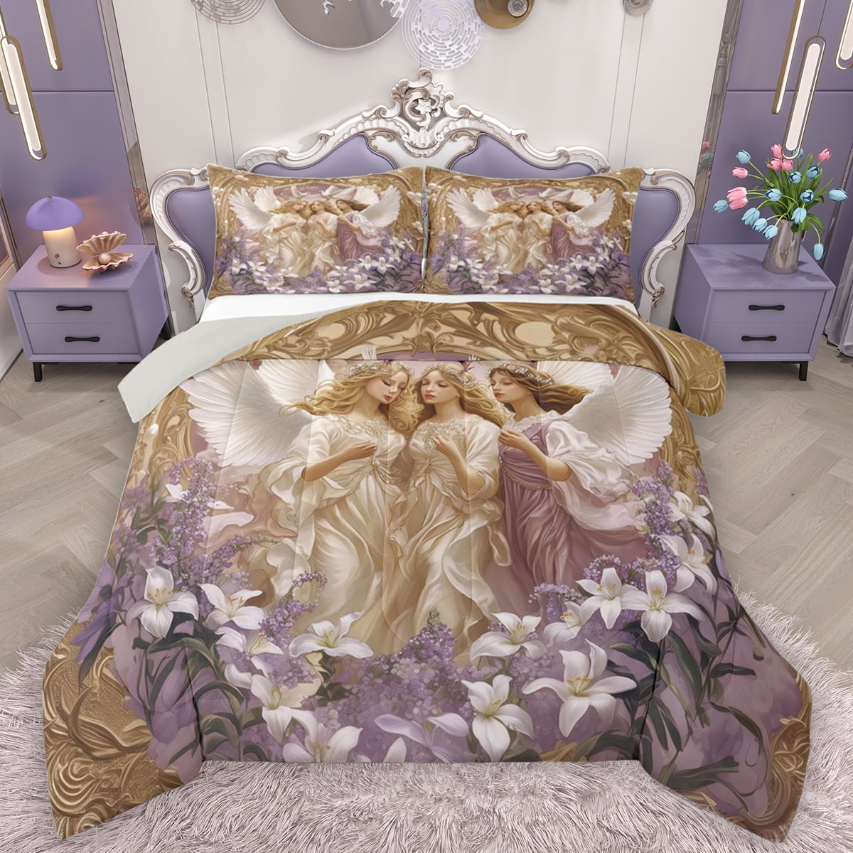Homewish White Lily Queen Comforter Set,Chic Angel Girls Bedding Sets ...