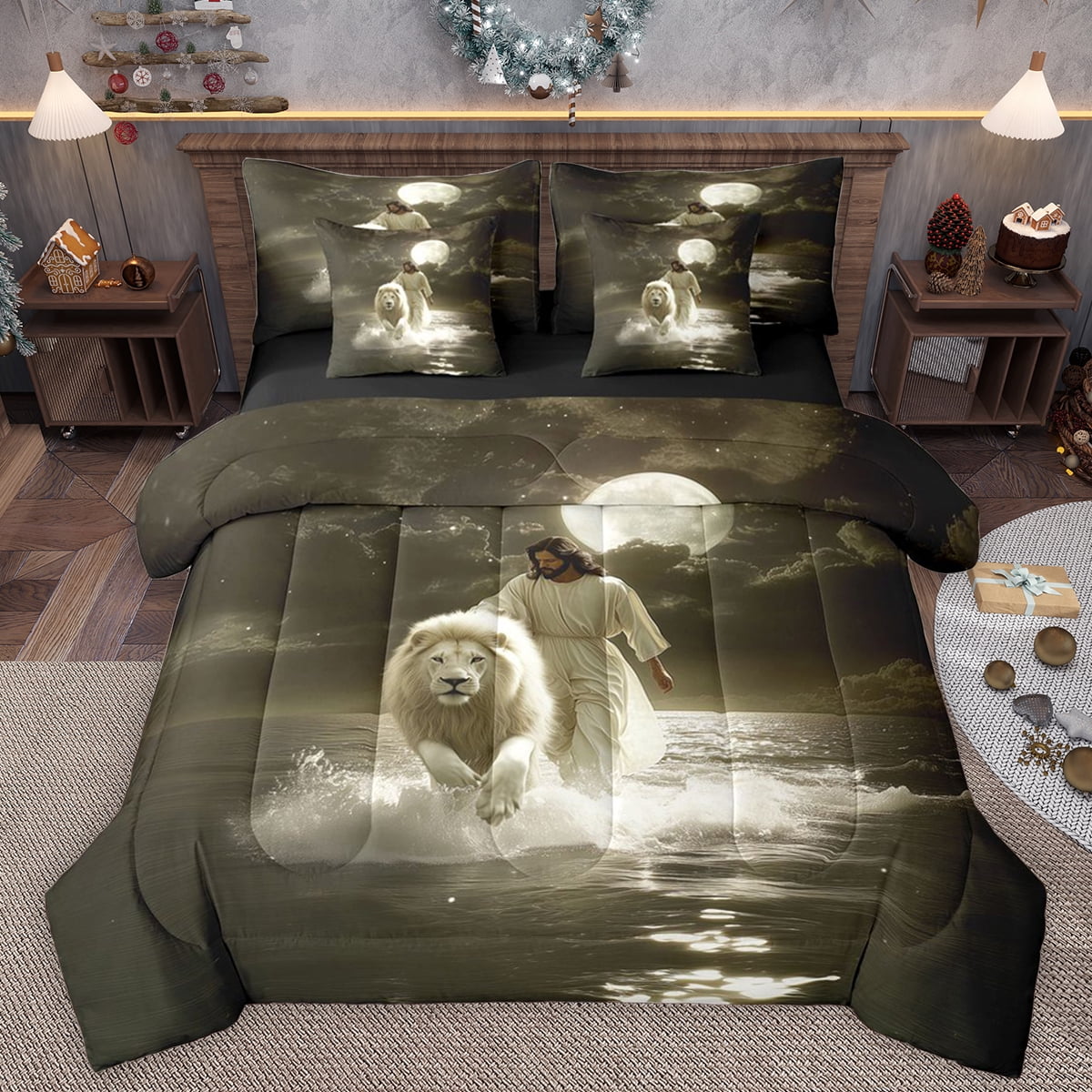 Homewish White Lion Animal Bedding Comforter Set 7pcs, Psychedelic Moon ...