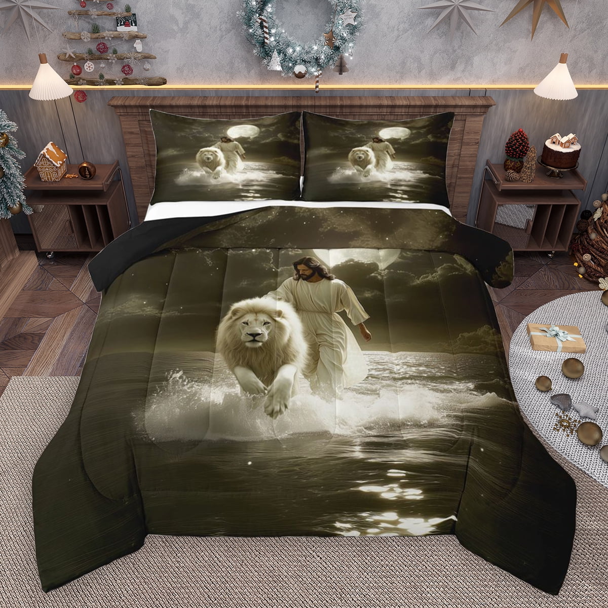 Homewish White Lion Animal Bedding Comforter Set, Psychedelic Moon ...