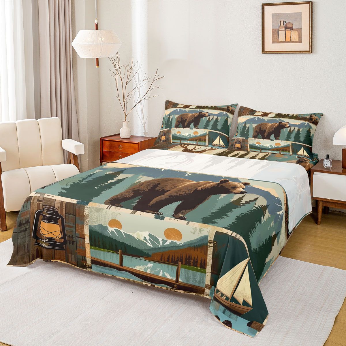 Homewish Wild Animal Bear Full Size Sheets,Snom Mountain Pine Tree Bed ...