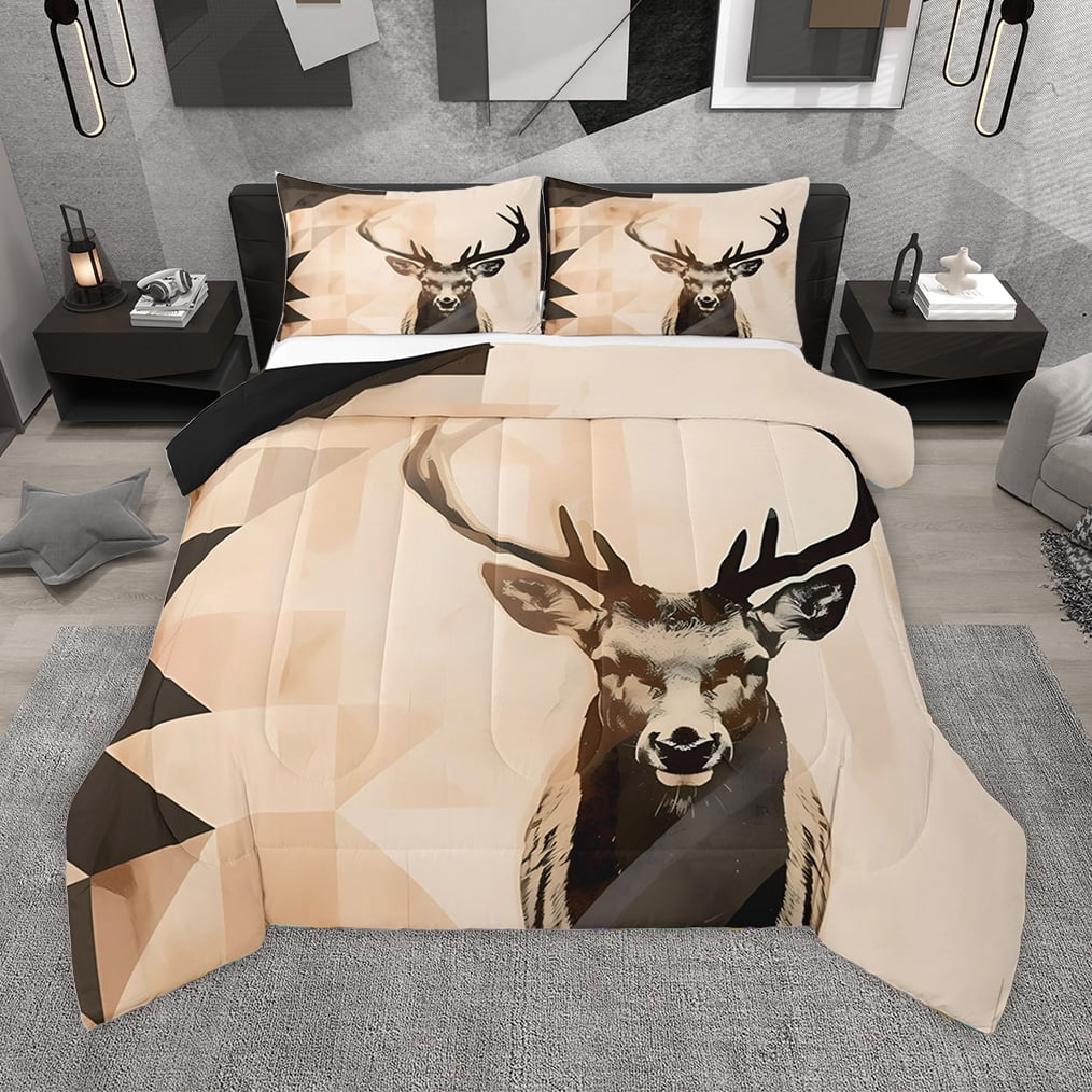 Homewish Wild Animal Deer Queen Comforter Set,Retro Geometric Triangle ...