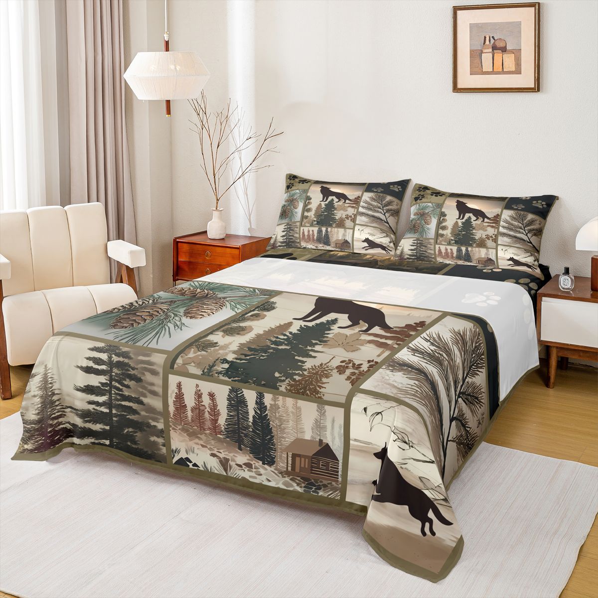 Homewish Wild Animal Wolf Full Size Sheets,Country Plant Leaves Bed ...