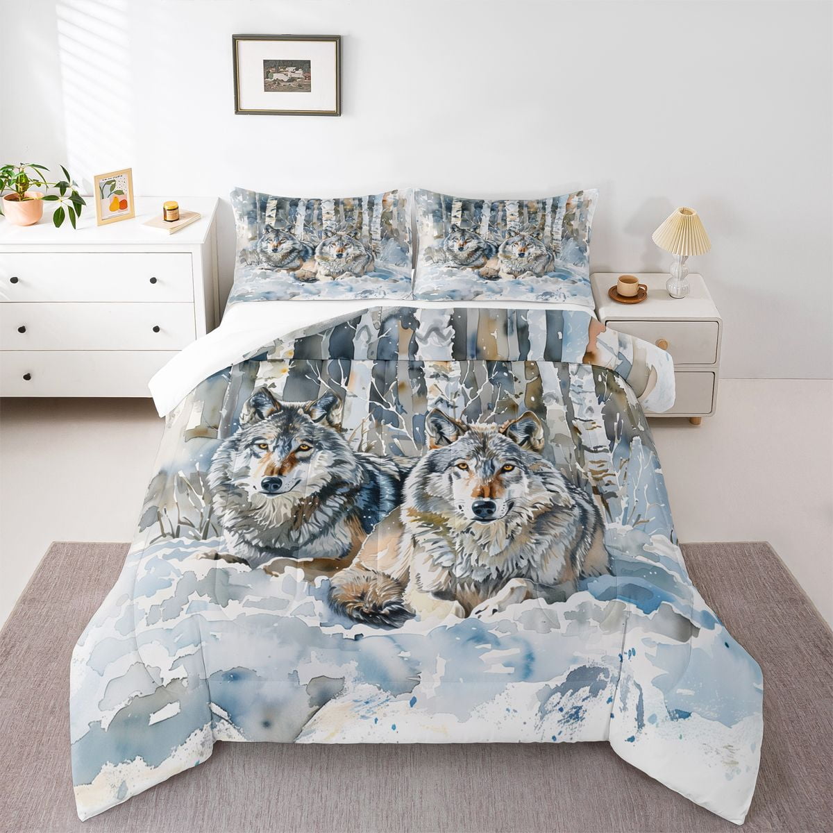 Homewish Wild Animal Wolves Bedding Comforter Set,Rustic Birch Tree ...