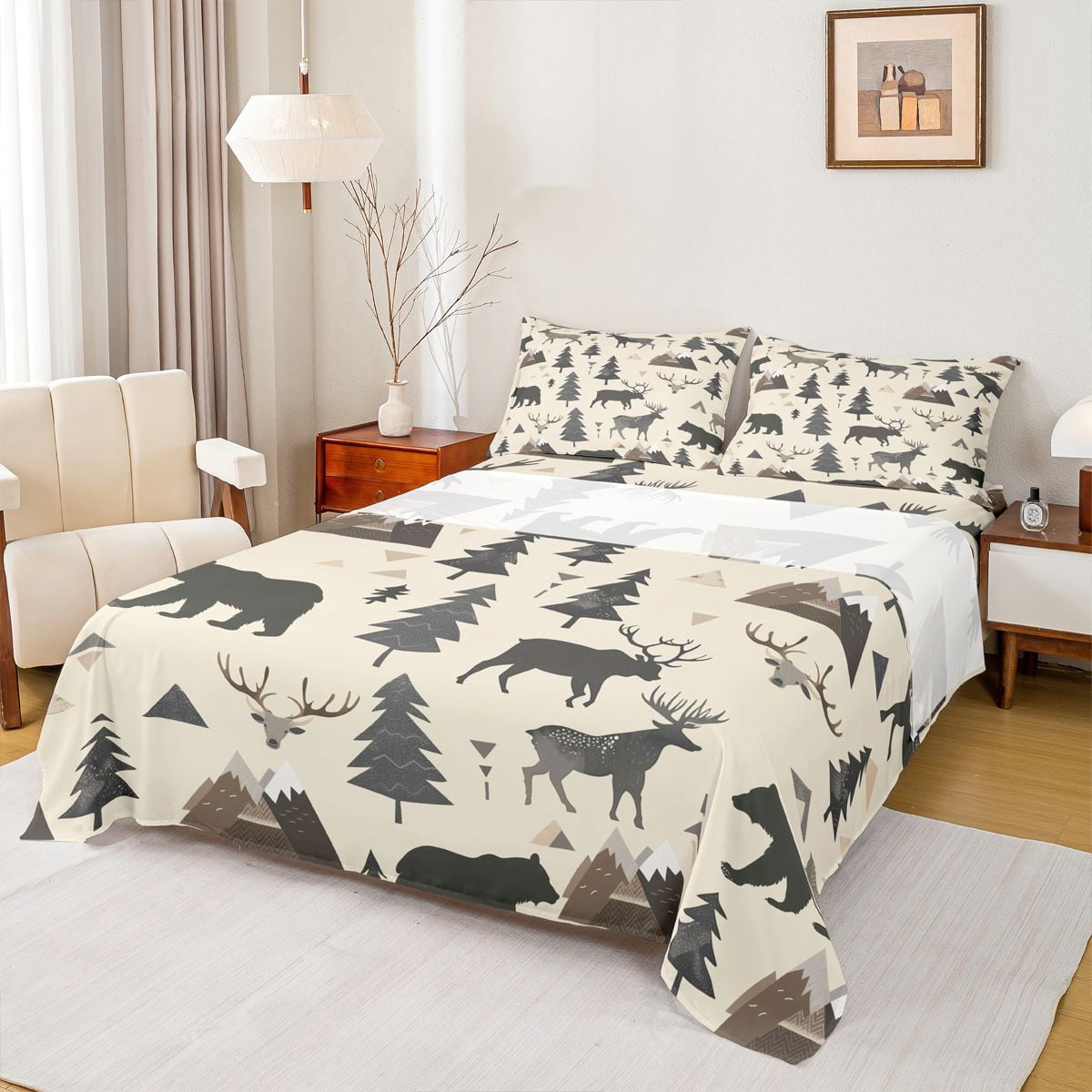 Homewish Wild Bear Deer Full Size Sheets,Cartoon Pine Tree Bed Sheets ...