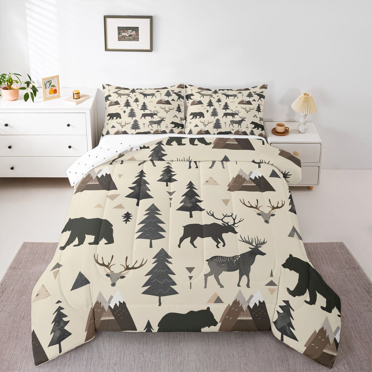 Homewish Wild Bear Deer Queen Comforter Set,Cartoon Pine Tree Bedding ...