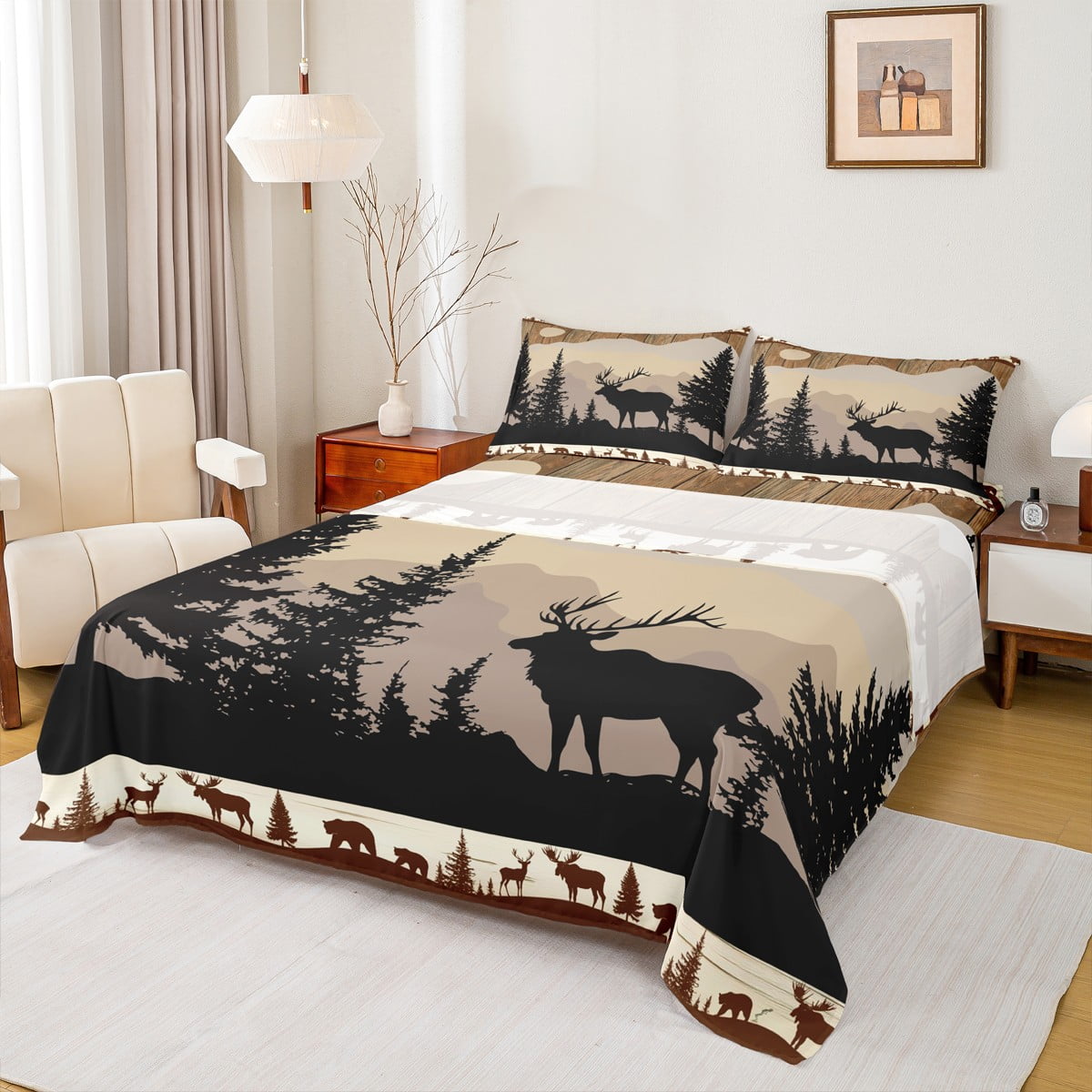 Homewish Wild Deer Elk Full Size Sheets,Tropical Plant Pine Tree Bed ...