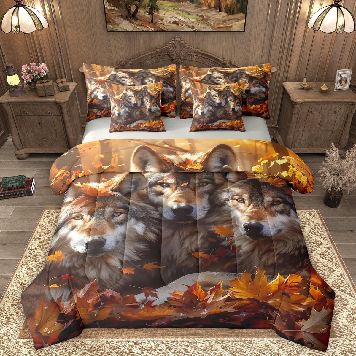 Homewish Wild Wolves 7pcs Bedding Comforter Set,Autumn Fall Maples ...