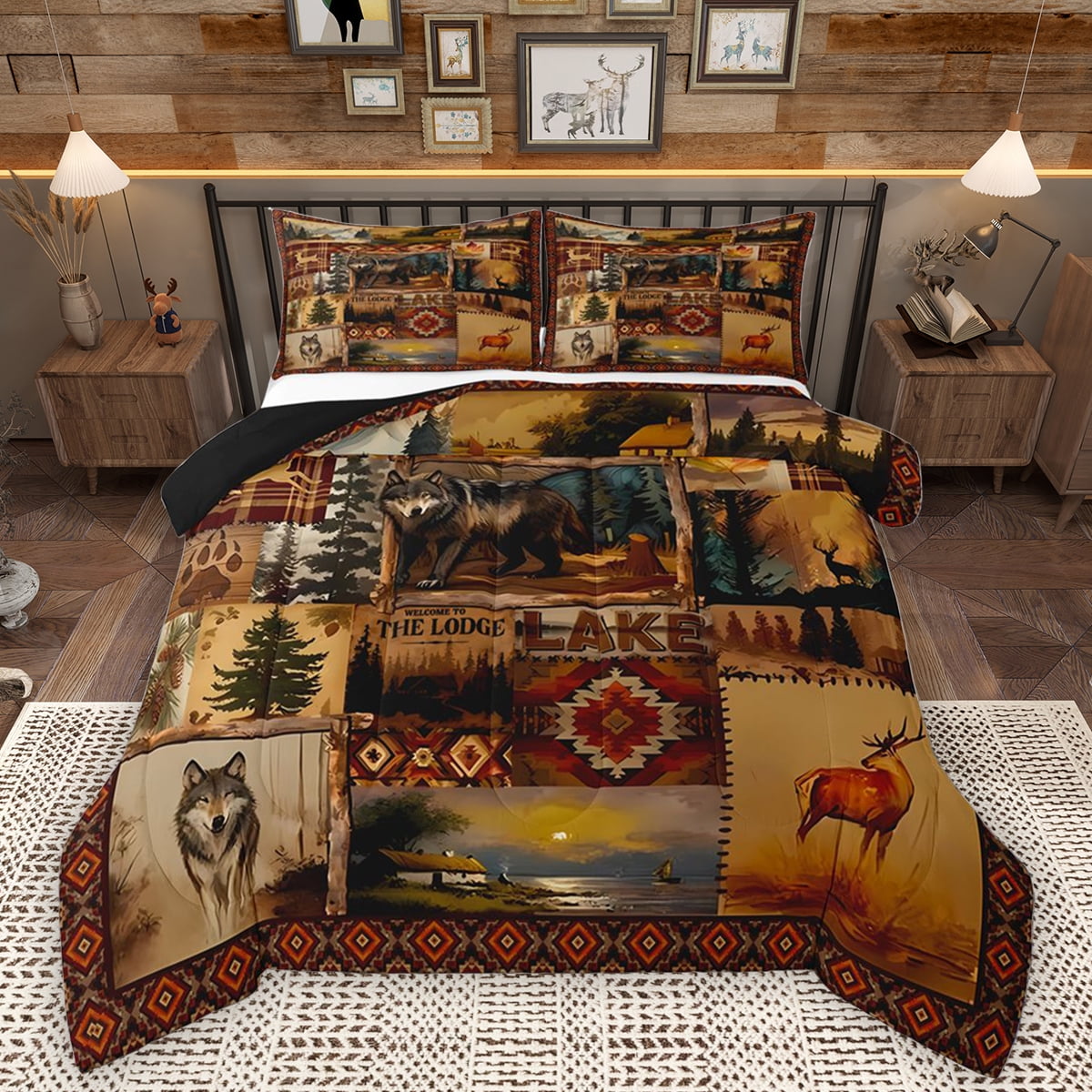 Homewish Wild Wolves Deer Queen Comforter Set,Boho Aztec Tribal Bedding ...