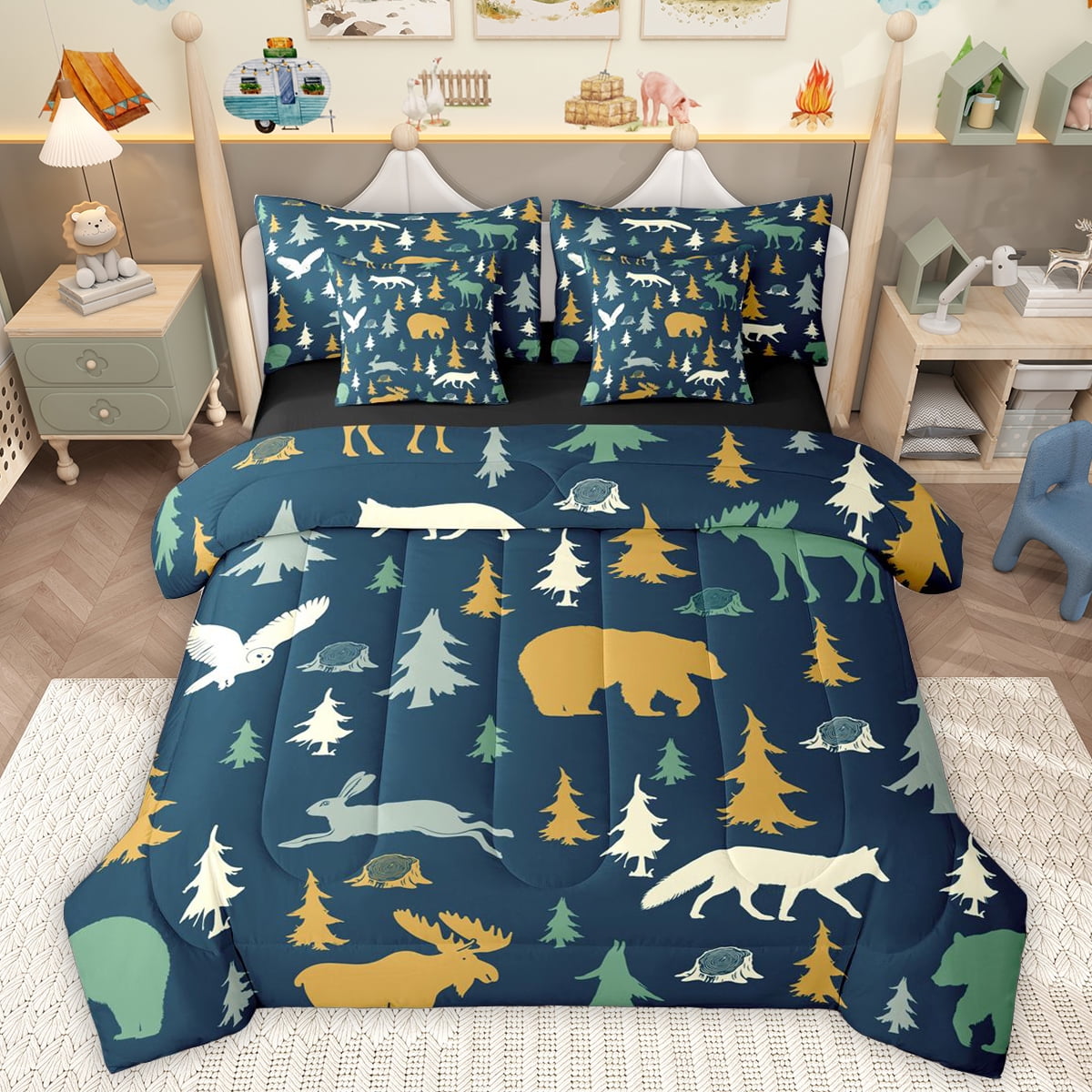 Homewish Wild Wolves Moose 7-Piece Twin Bedding Sets,Rustic Pine Tree ...