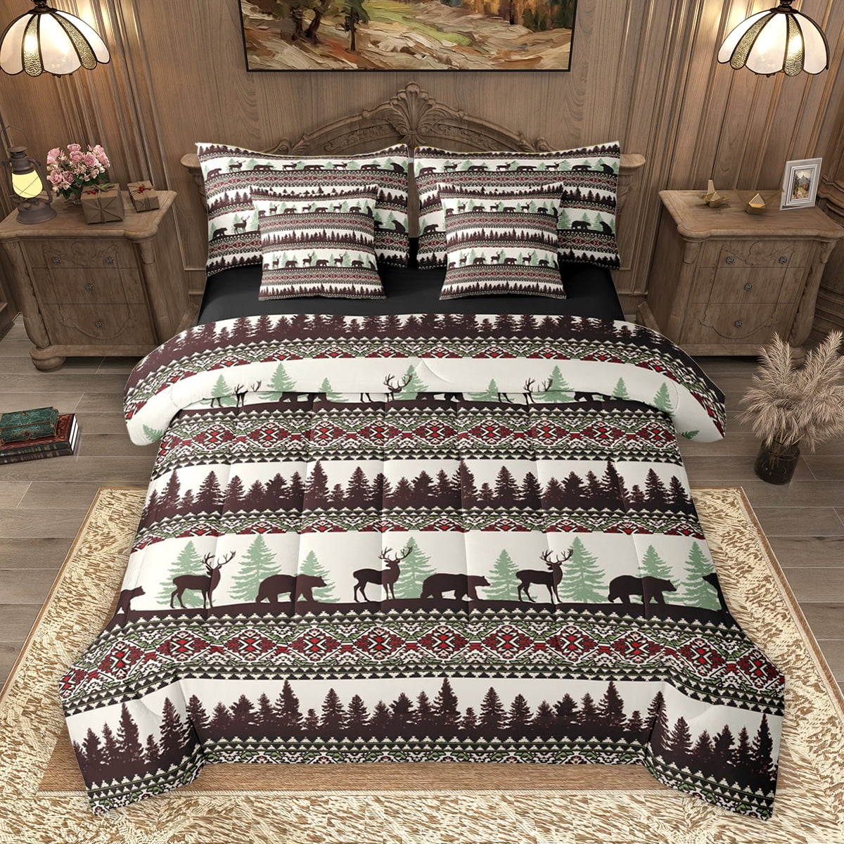 Homewish Wildlife Deer Bear Bedding Comforter Set 7 Pieces, Rustic ...