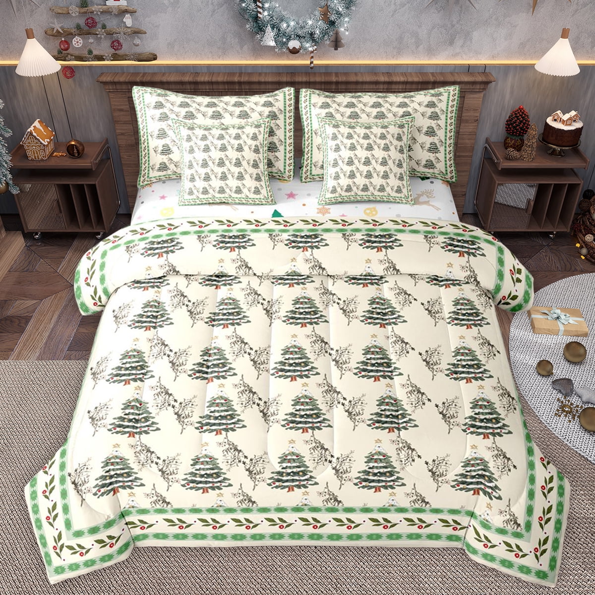 Homewish Winter Christmas Tree Bedding Comforter Set 7pcs, Rustic ...