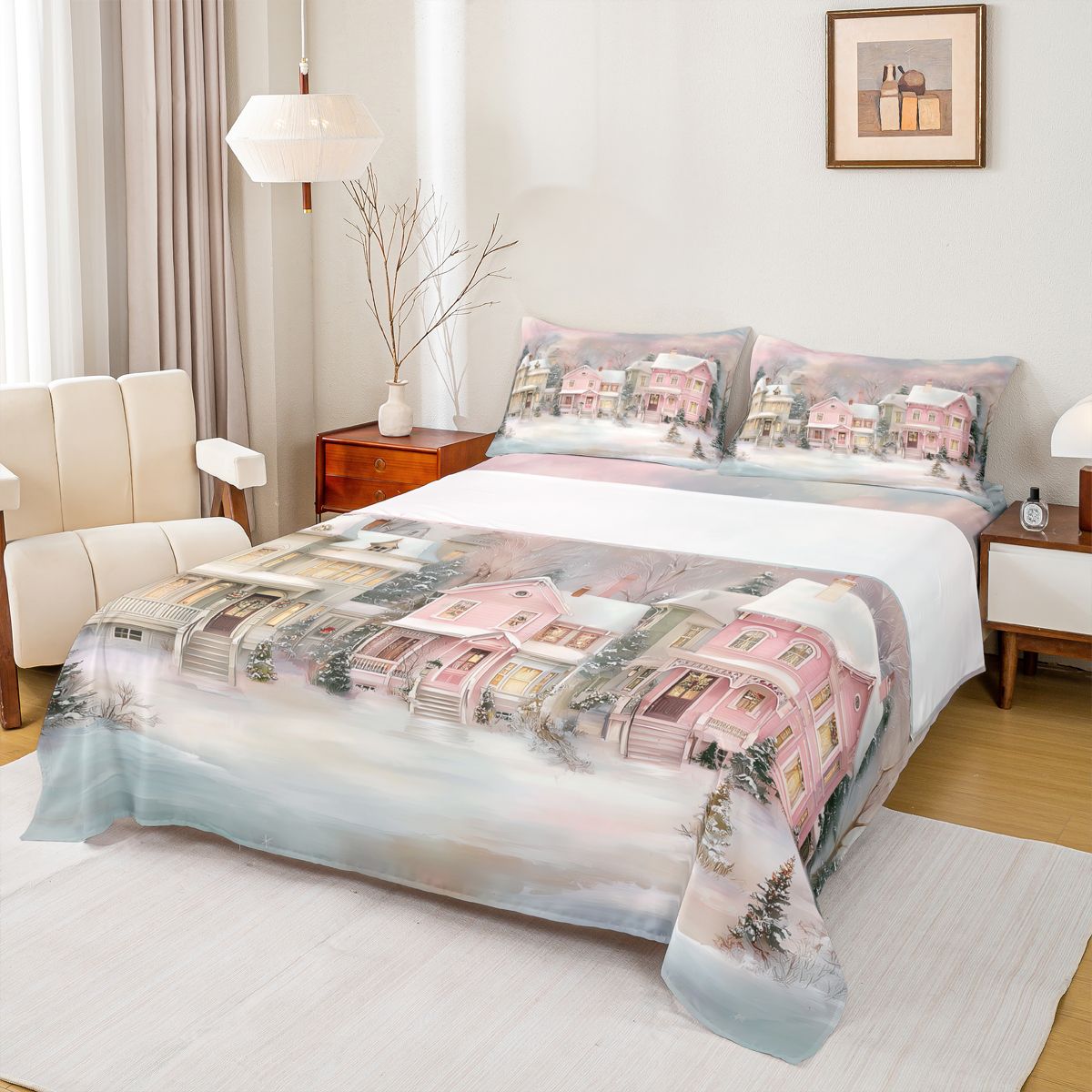 Homewish Winter Rustic Cabin Queen Sheet Sets for Kid, Kawaii Pink ...