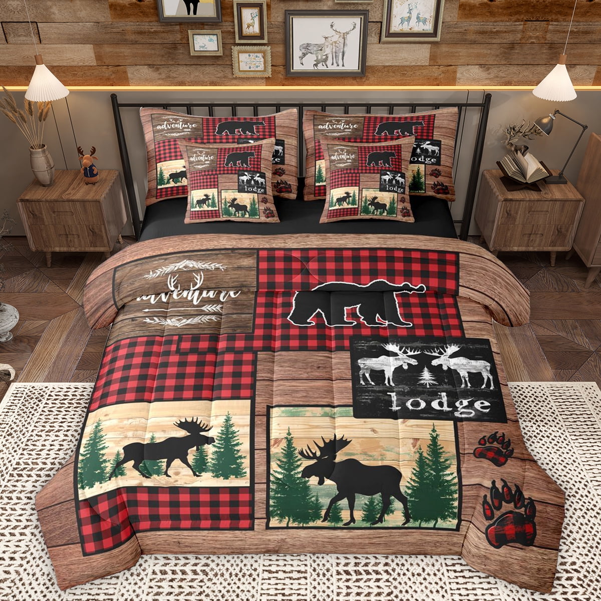 Homewish Woodland Animal Moose 7pcs Bedding Comforter Set,Rustic ...