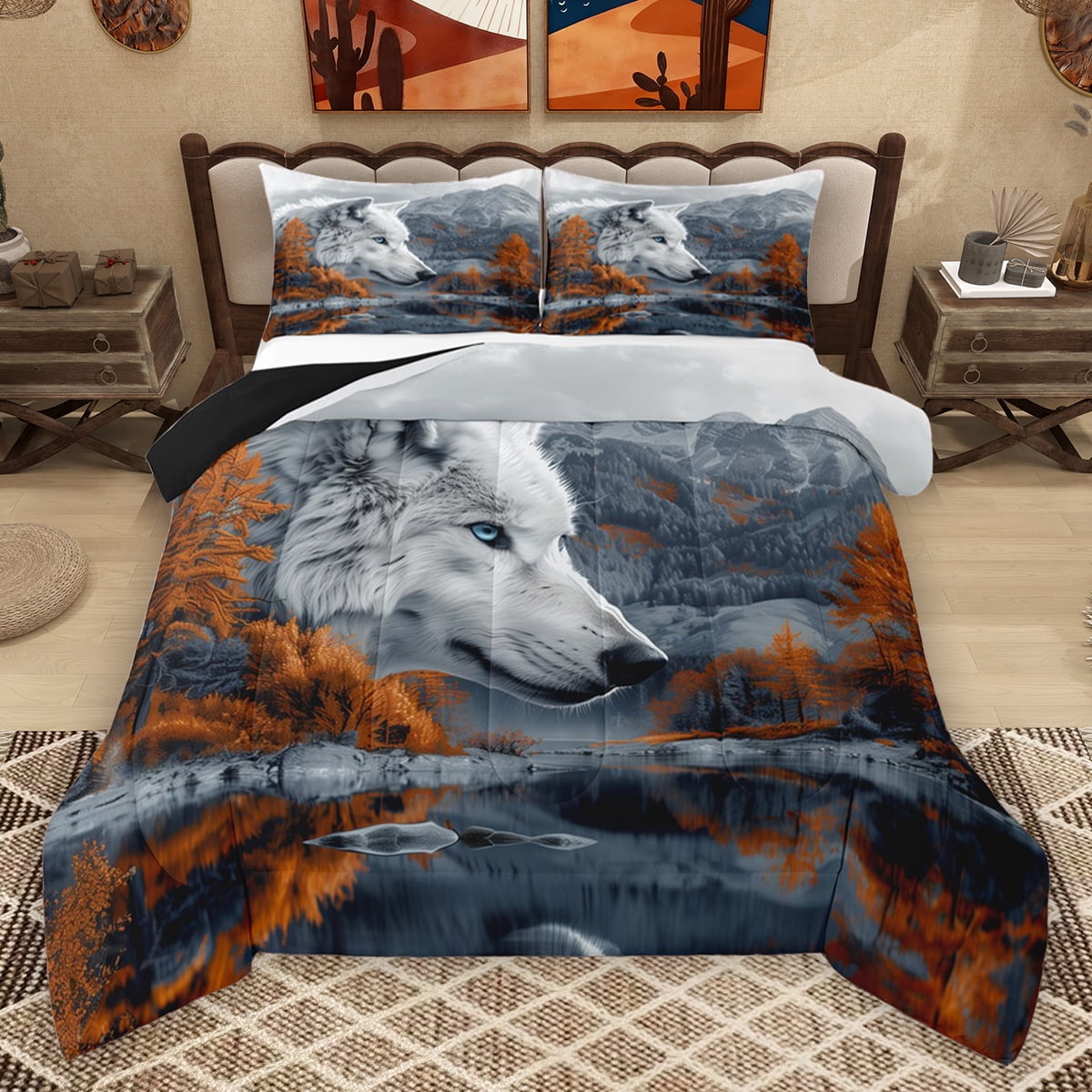 Homewish Woodland Animal Wolves Queen Comforter Set,Natural Scenery ...