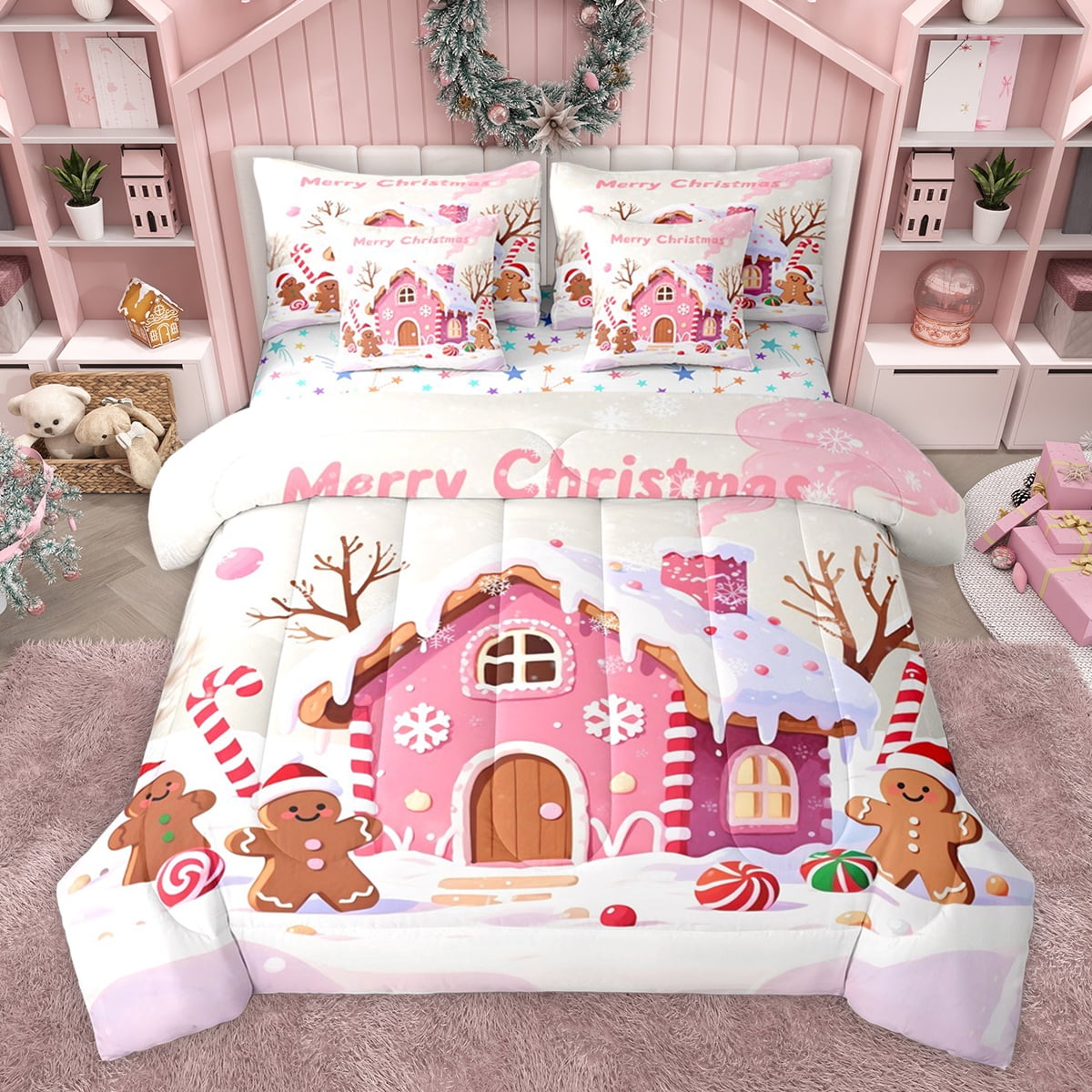 Homewish Xmas Gingerbread Man Twin Bedding Sets 7-Piece for Girl, Happy ...