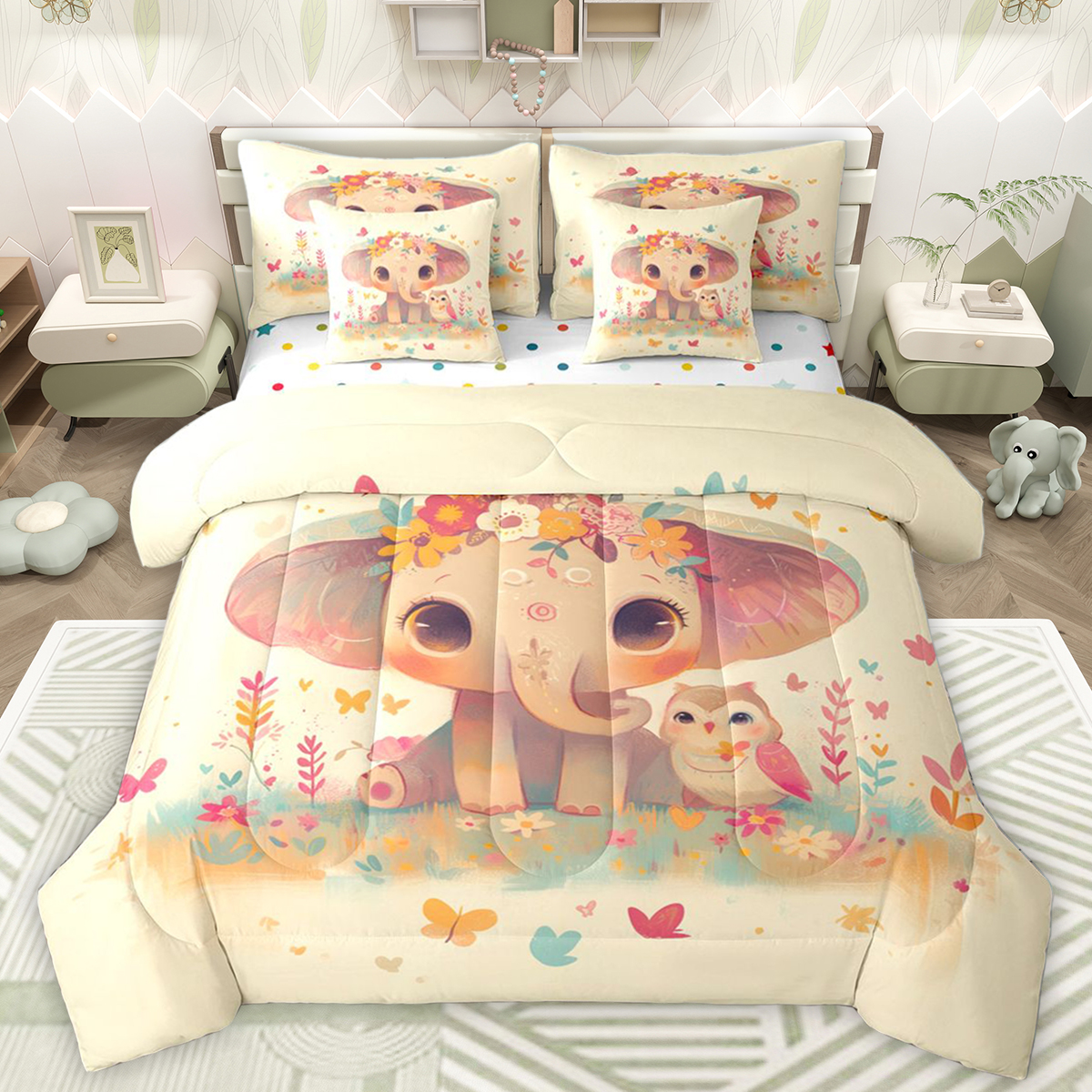 Homewish Zoo Animal Elephant 7-Piece Bedding Comforter Set,Watercolor ...