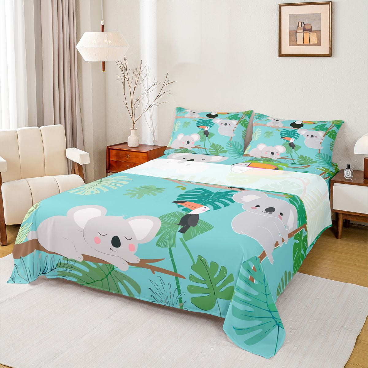 Homewish Zoo Animal Koala Full Size Sheets,Tropical Monstera Leaf Bed ...