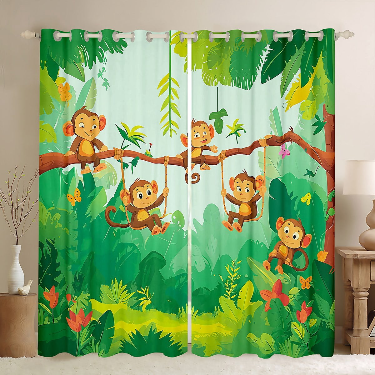 Homewish Zoo Animal Monkey Black Out Curtains,Tropical Monstera Leaf ...
