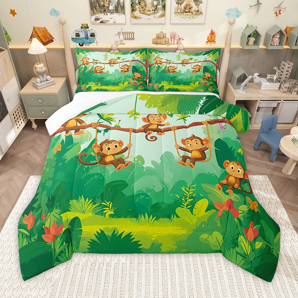 Homewish Zoo Animal Monkey Queen Comforter Set,Tropical Monstera Leaf ...