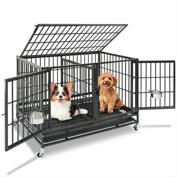 Dog Crate, Foldable Metal Wire Kennel w/Divider, Leak-Proof Pan, 42x27 ...