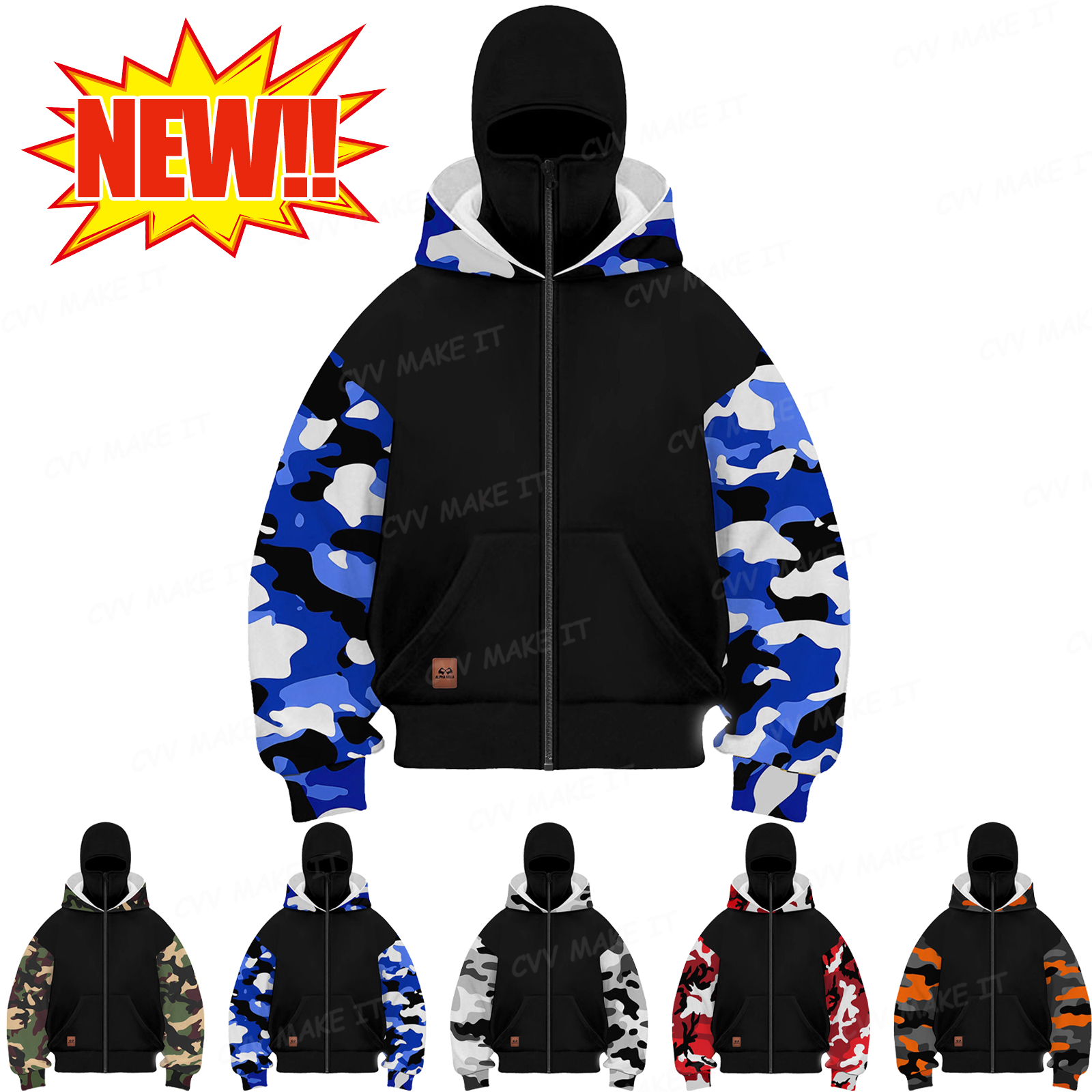 Homeyce Balaclava Jacket for Men Camo Full-Zip with Built-In Eye Mask ...