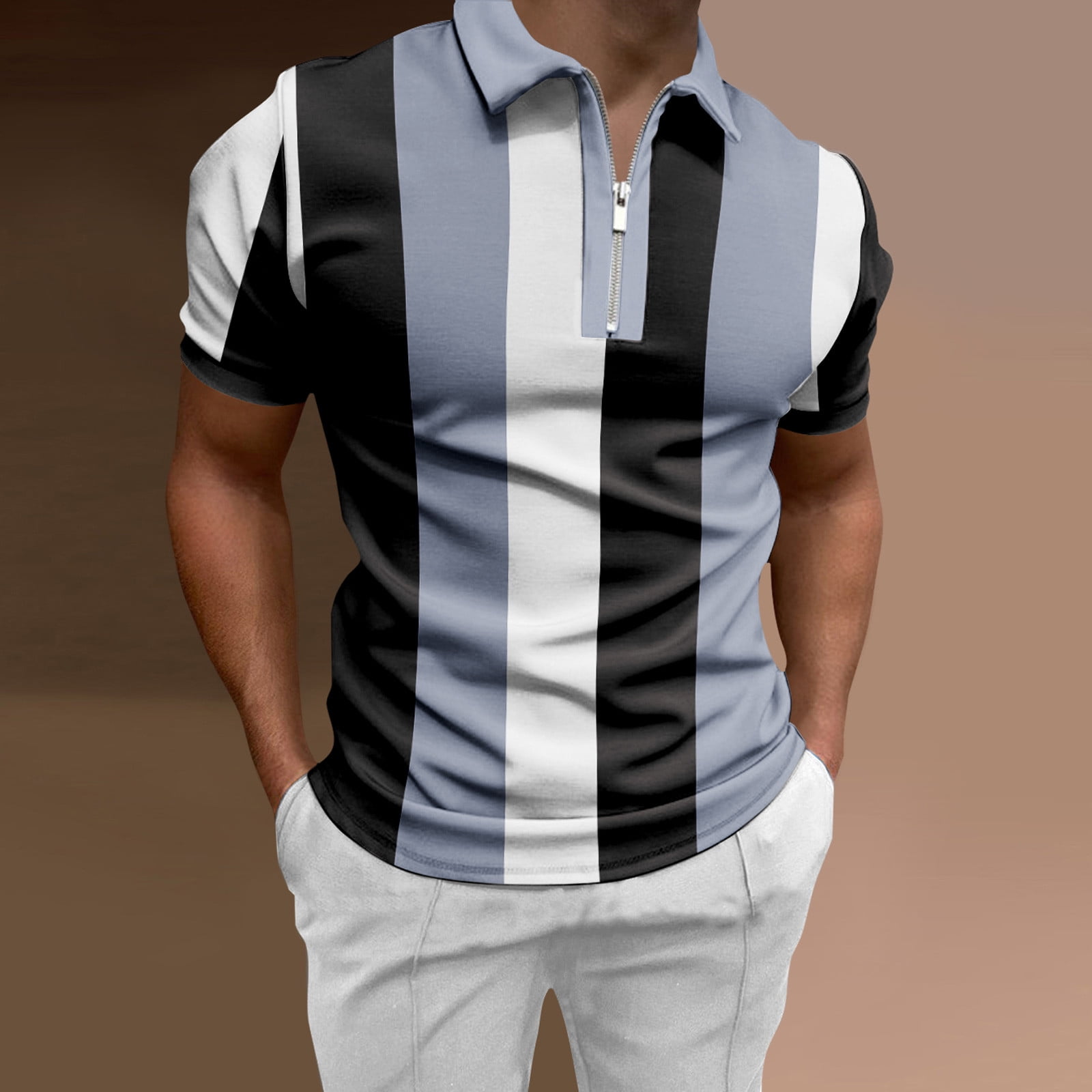 Homeyce Golf Polos for Men Zipper Short Sleeve Shirt Striped Color Block Slim Fit Basic Classic ...