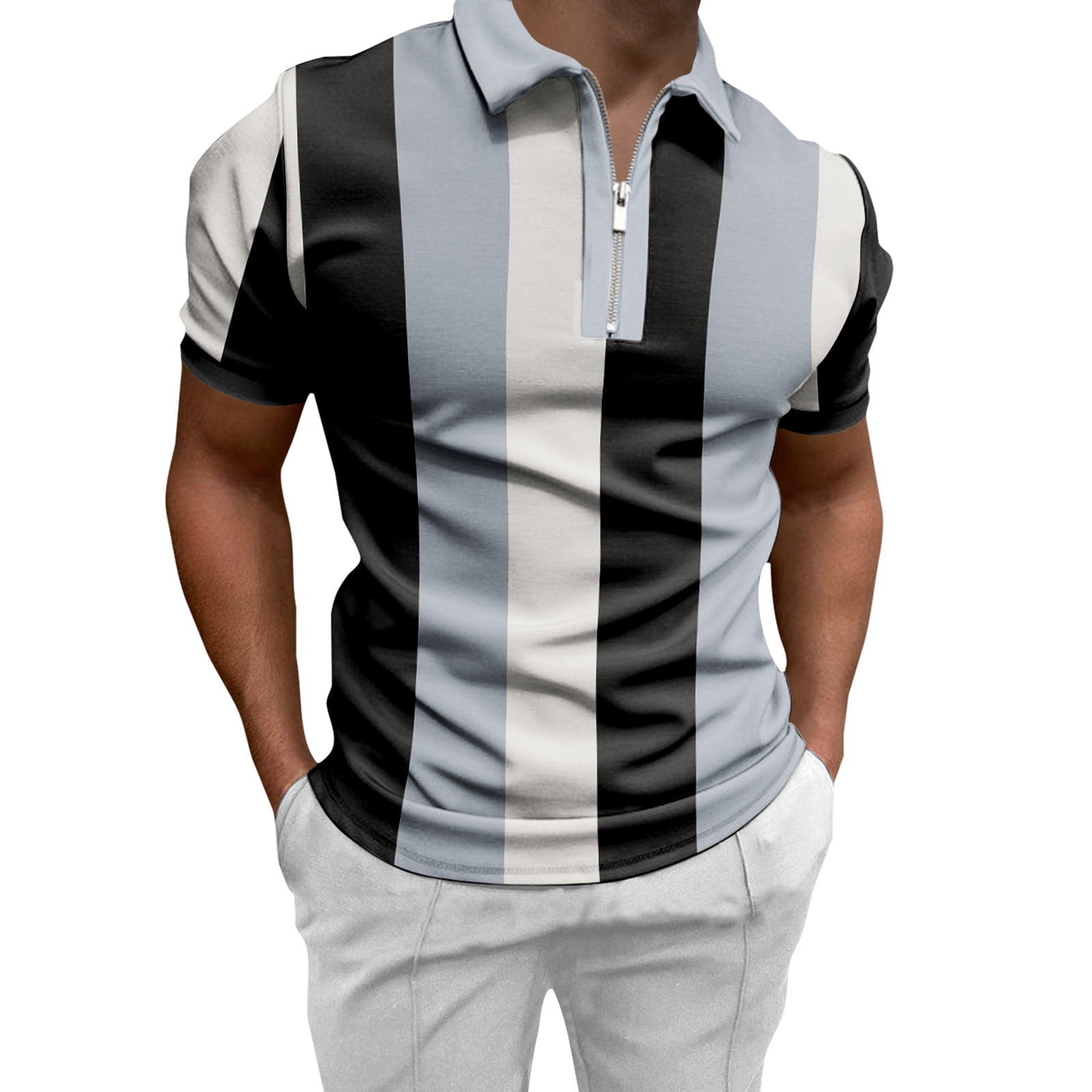 Homeyce Men's Fashion Polo Shirts Short Sleeve Zipper Shirts Striped ...