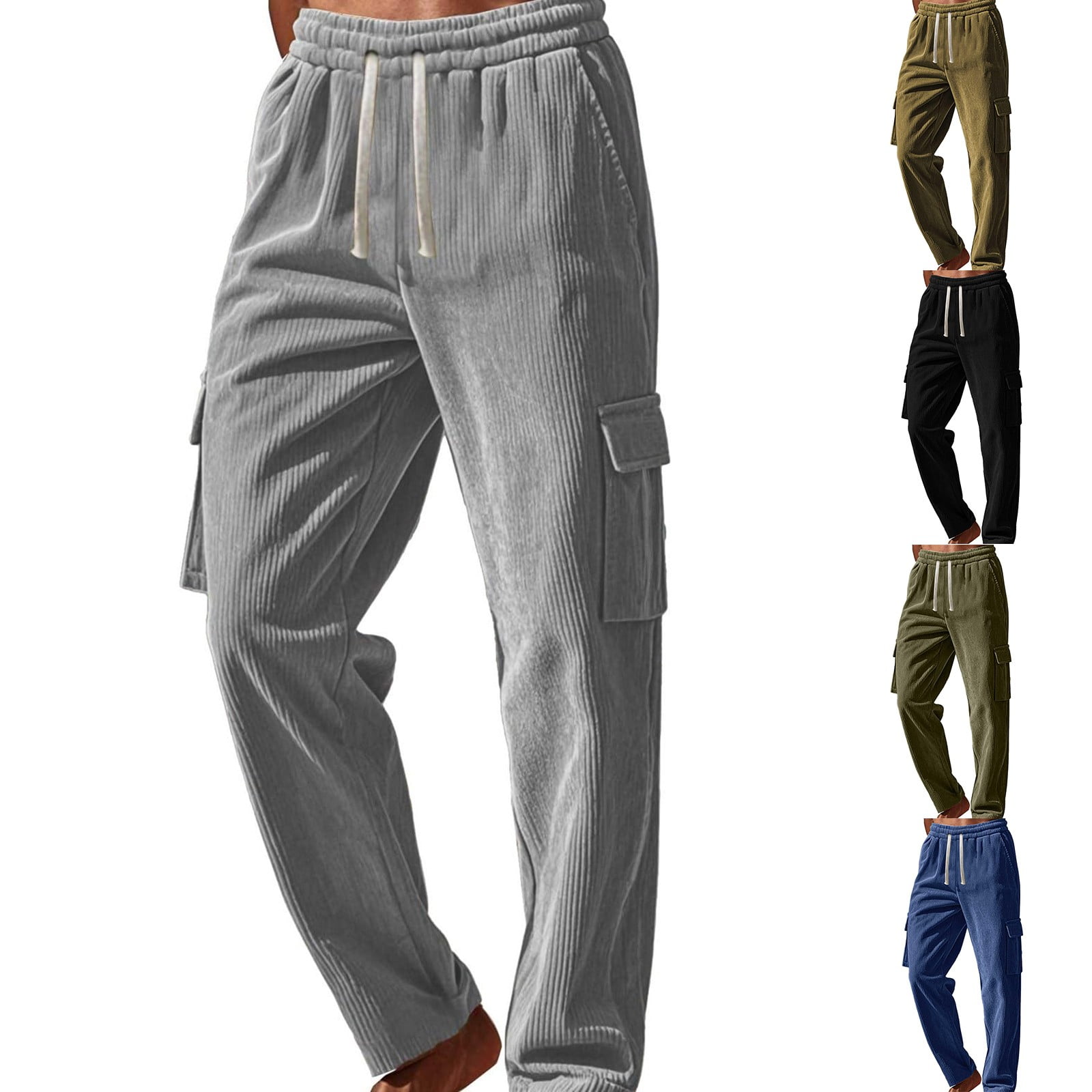 Homeyce Men's Wild Corduroy Cargo Pants Drawstring Wide Leg Cargo Pants Elastic Waist with Multi ...