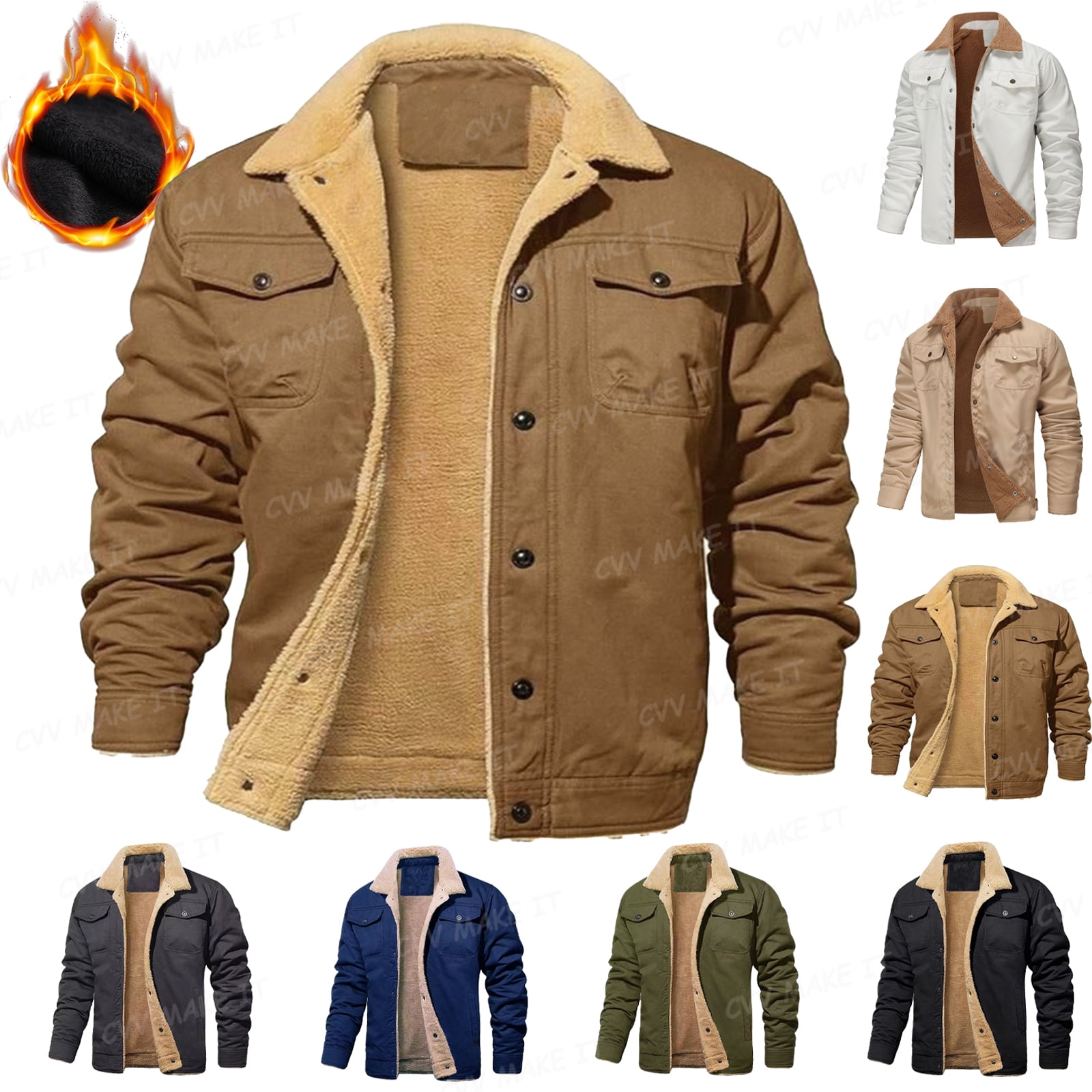 Homeyce Men's Winter Jacket Sherpa Fleece Lining Lapel Coats Button ...