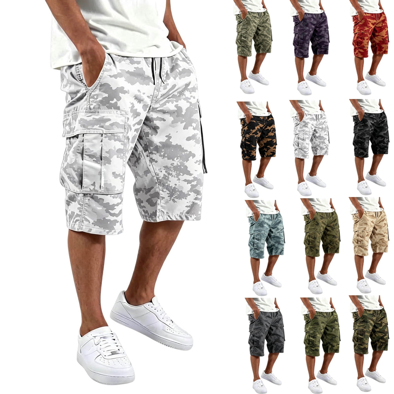 Homeyce Mens Cargo Shorts Elastic Waist Long Capri Below the Knee ...