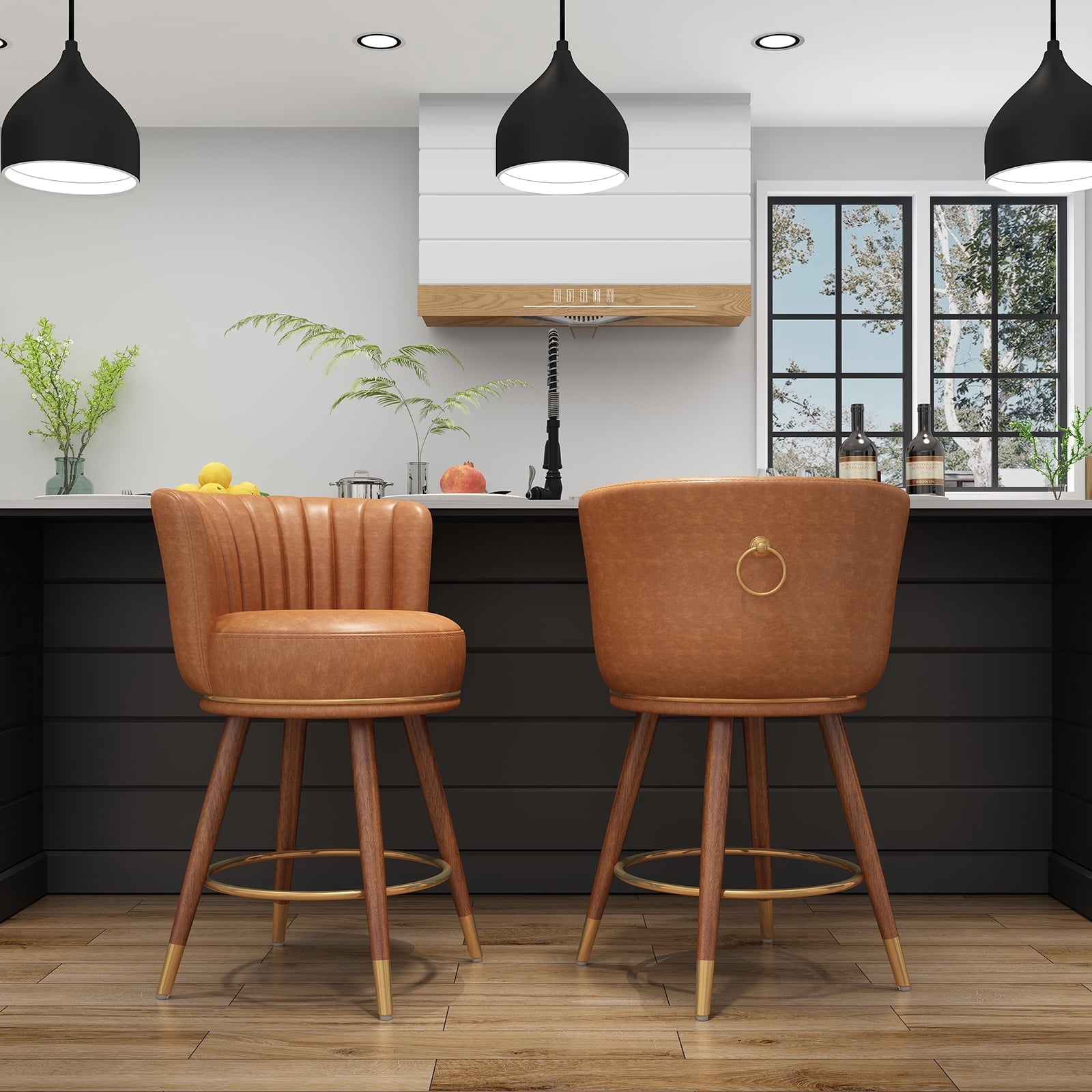 "Homezeer Modern Leather 24"" Swivel Bar Stools Set of 2, Counter ...