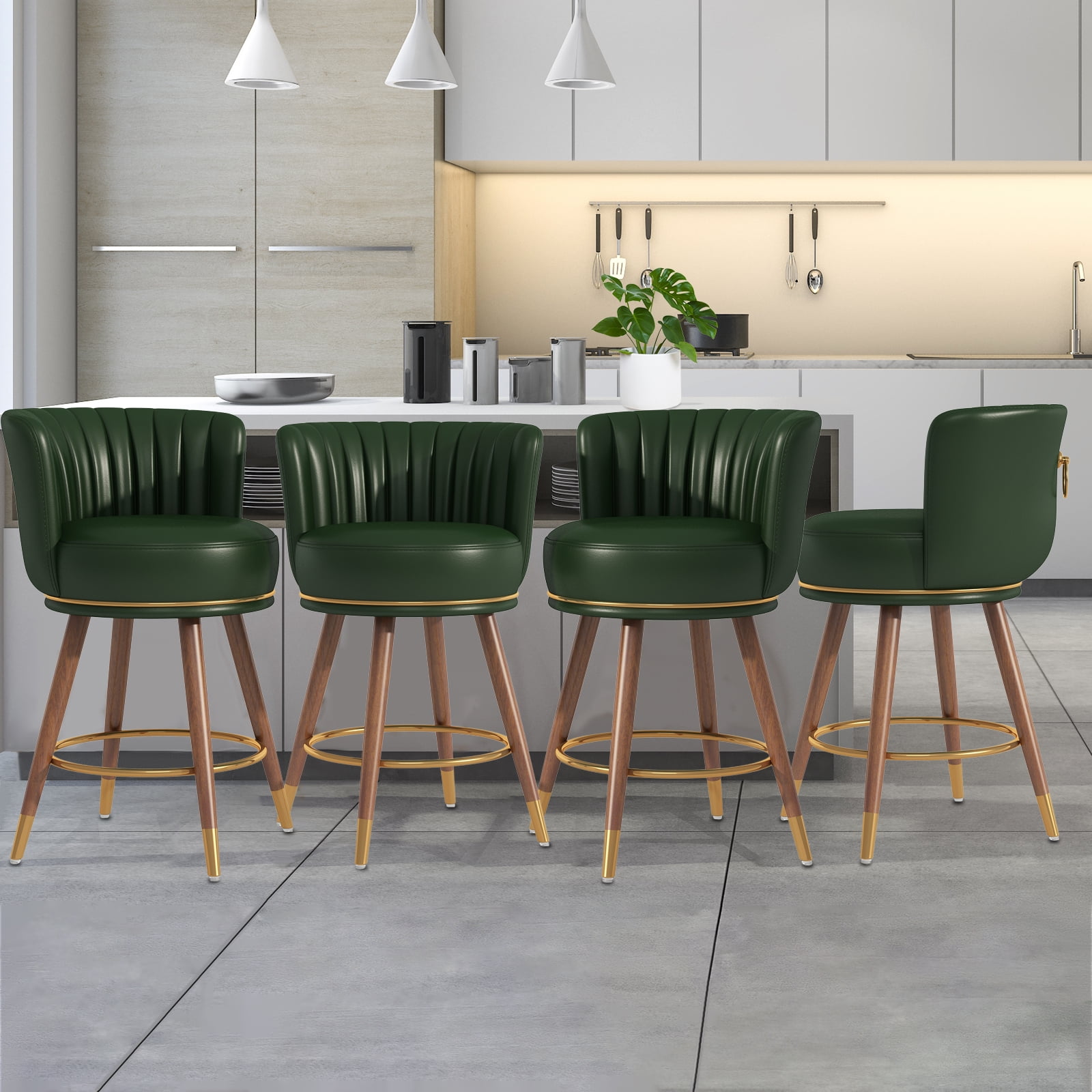 Homezeer 27" Swivel Bar Stools Set of 4, Comfortable Green Leather ...