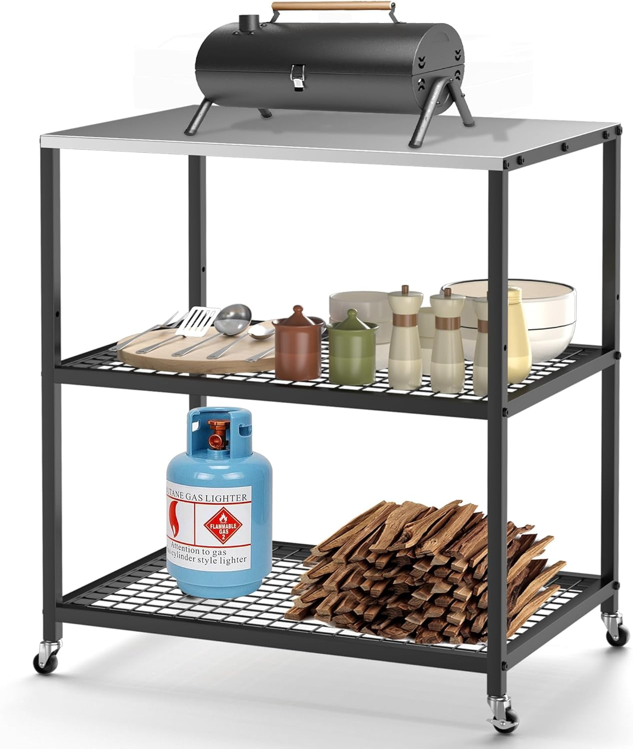 Homezelle Outdoor Grill Cart Three-Shelf Grill Table with Wheels ...
