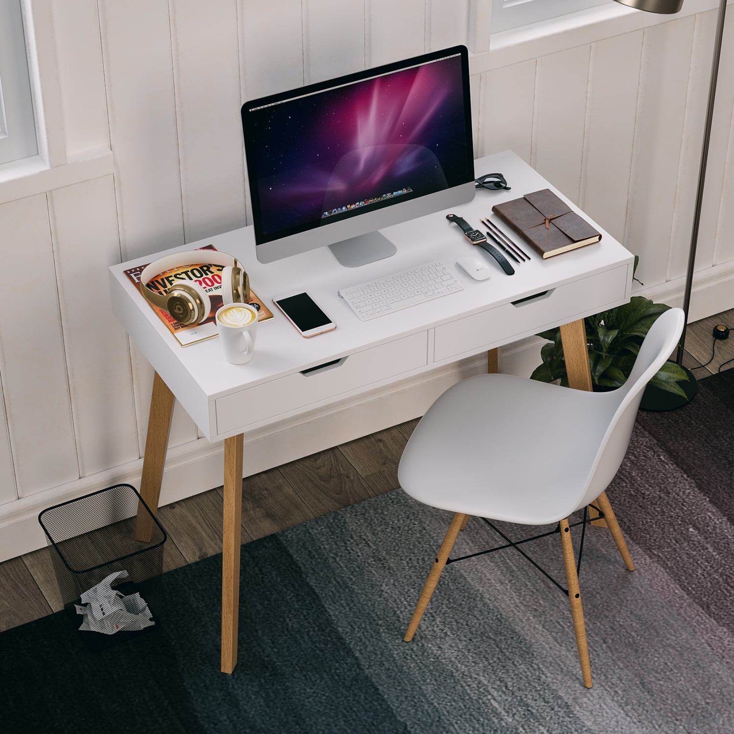 Homfa Simple White Desk with 2 Storage Drawers, Oak Wood Legs, Ideal ...