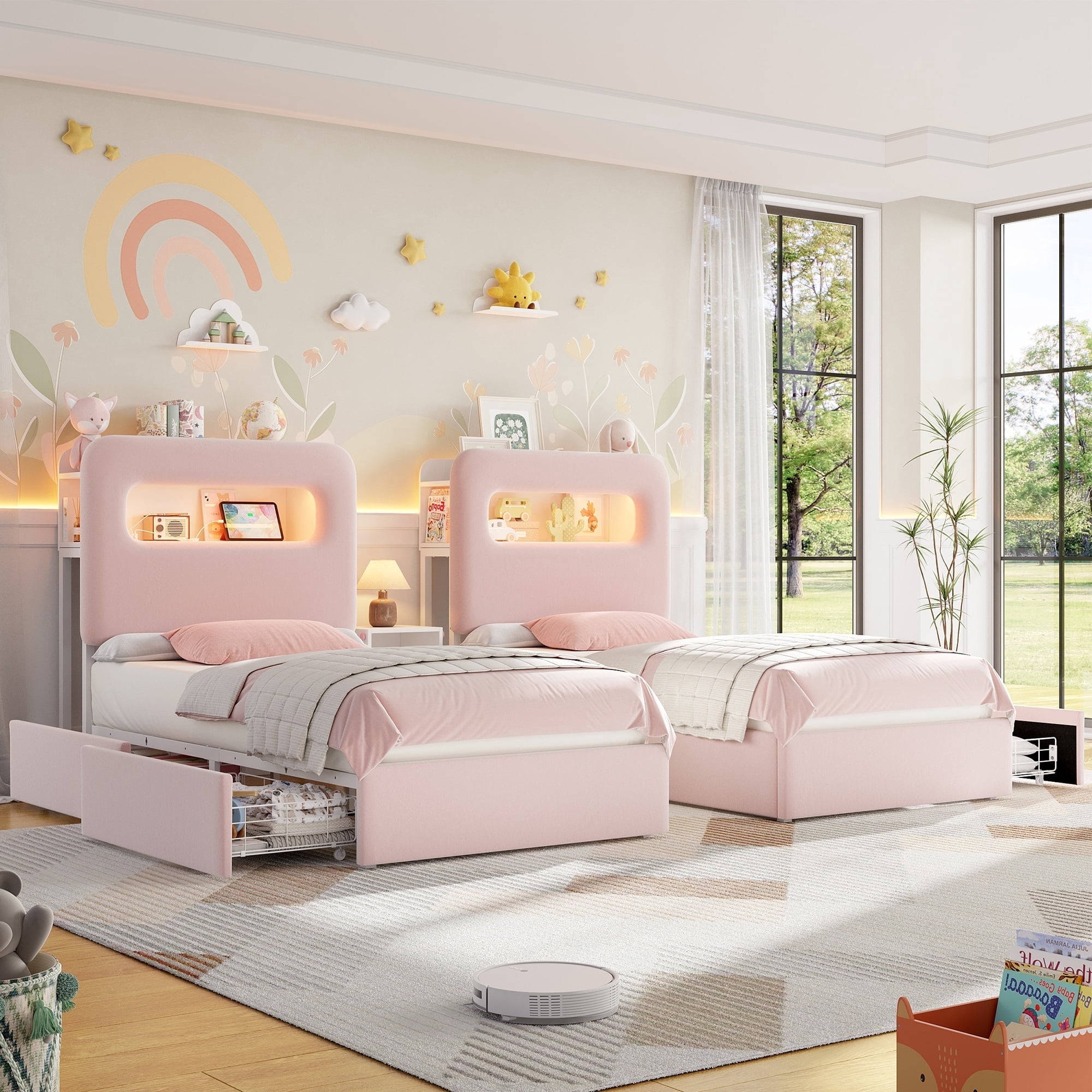 Homfa 2 Piece Twin Size Beds LED Bed Frame with Storage Headboard & USB ...
