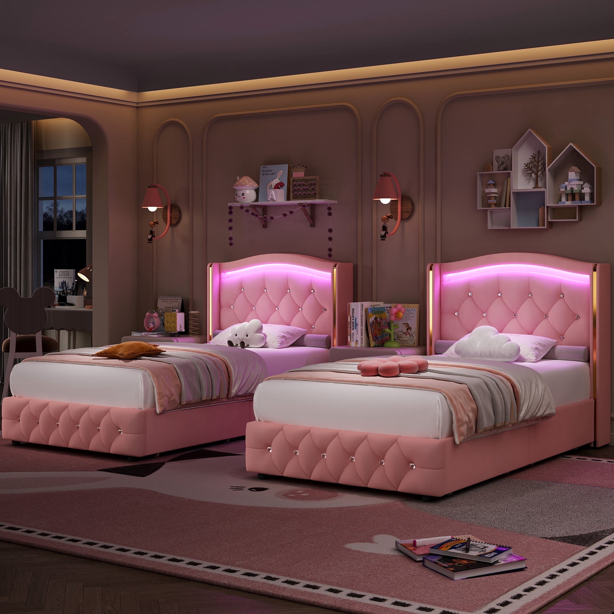 Homfa 2 Piece Twin Size Beds, Velvet Upholstered Platform Bed Frame ...