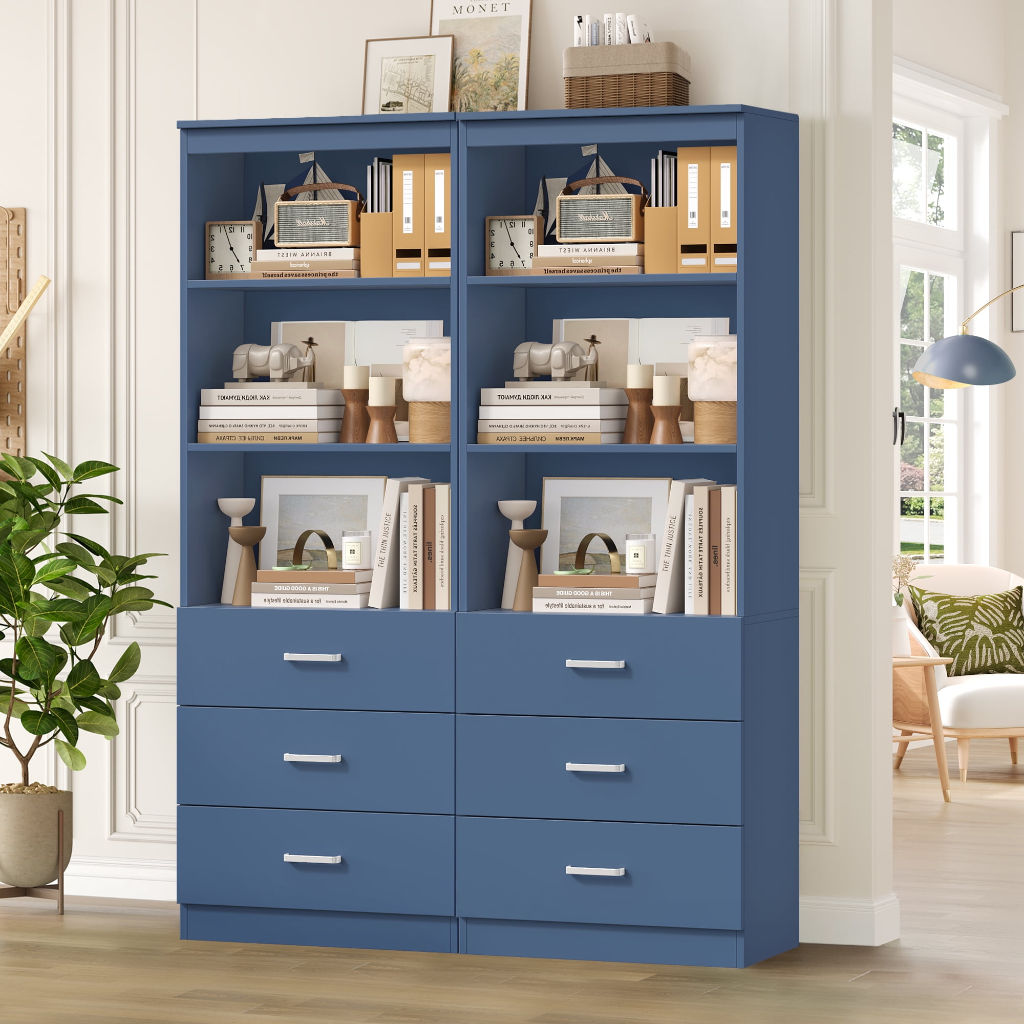 Homfa 2 Set of Blue Bookcases, 71" Tall Bookcase with 3 Drawers, 3 Tier ...