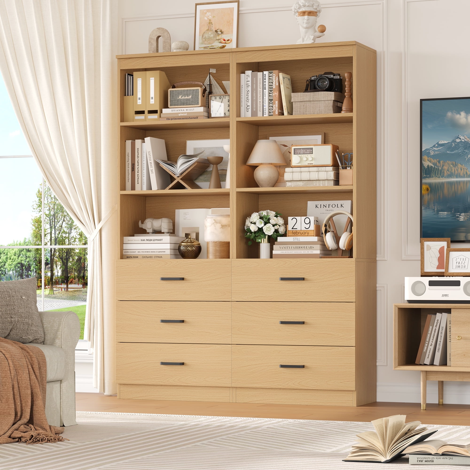 Homfa 2 Set of Bookcases, 71" Tall Bookcase with 3 Drawers, 3 Tier ...