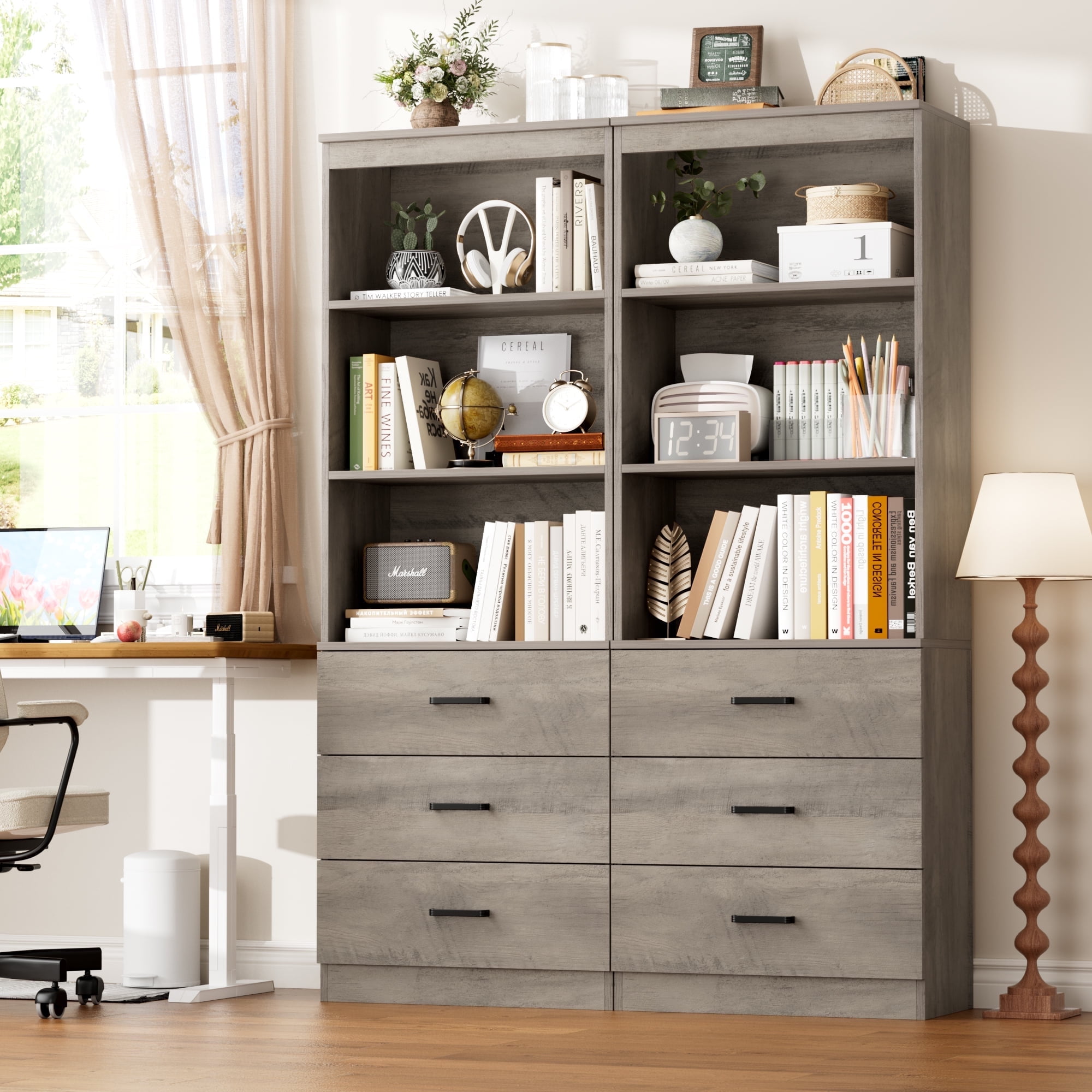 Homfa 2 Set of Bookcases with 3 Drawers, 71"H 3 Tier Wooden Storage ...