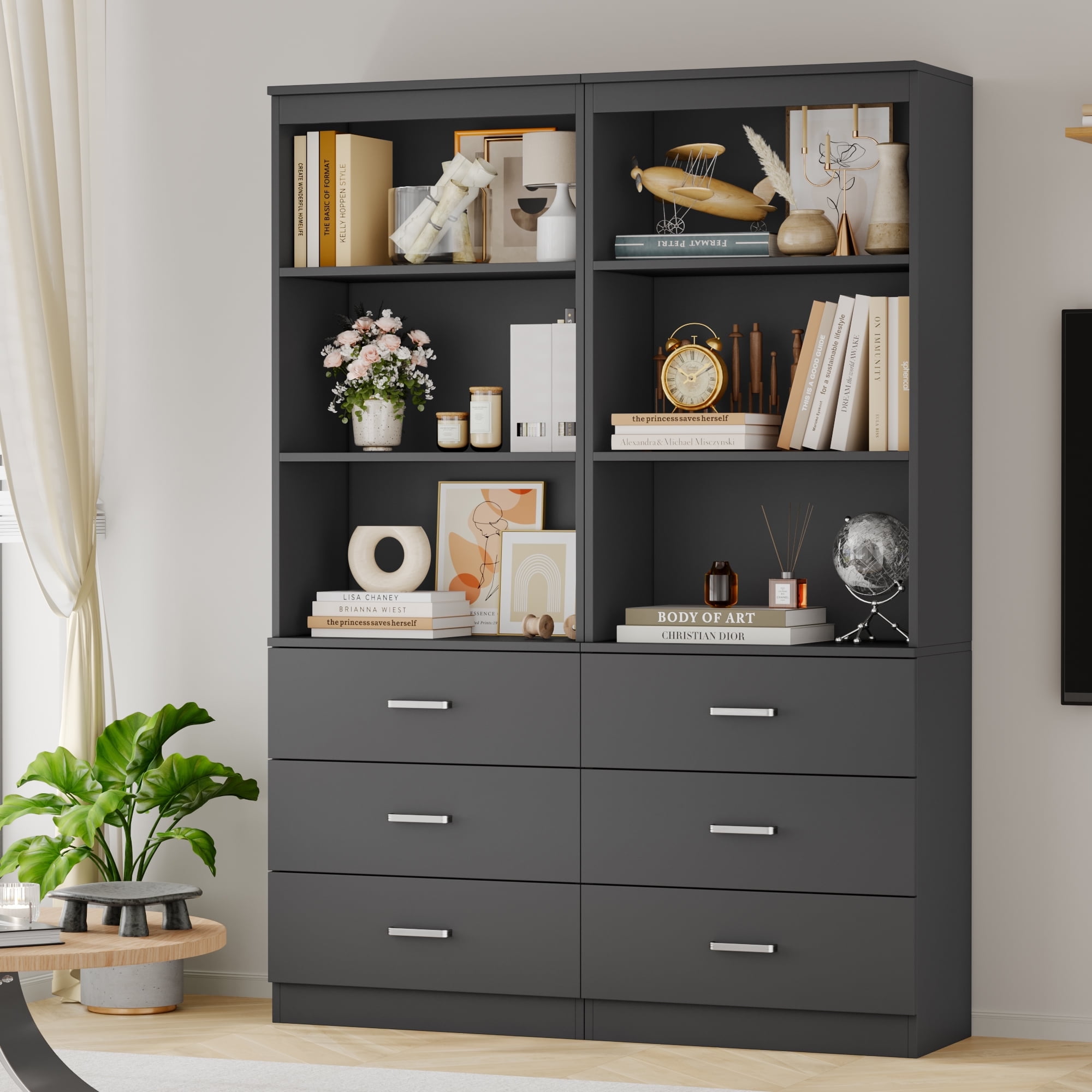 Homfa 2 Set of Bookcases with 3 Drawers, 71"H 3 Tier Wooden Storage ...