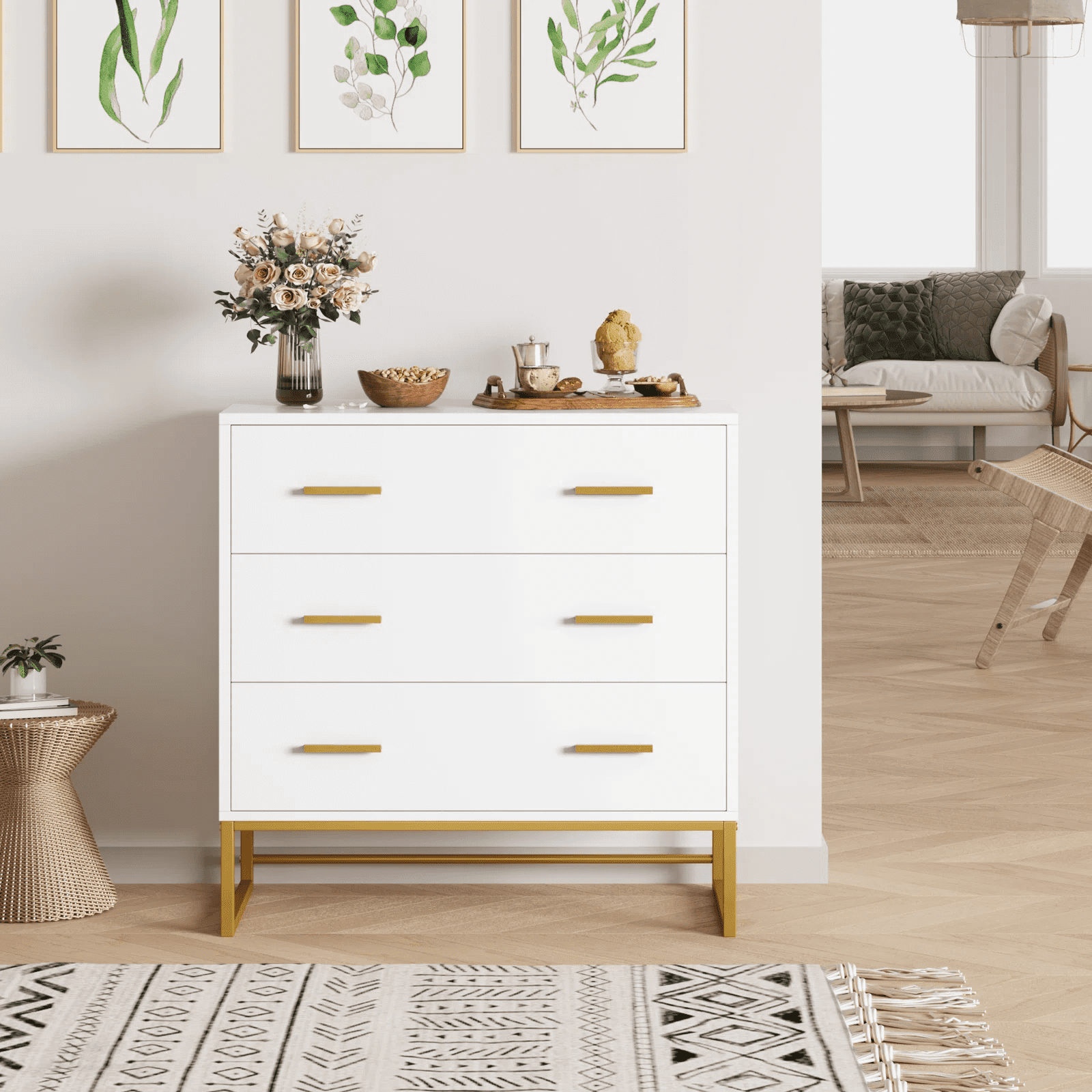 Homfa Cómoda Blanca de 3 Cajones, Organizador con Base de Metal para ...