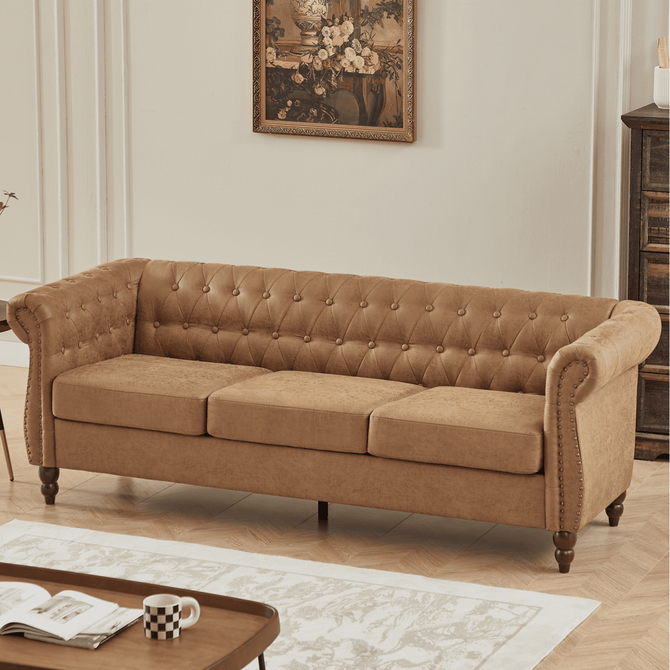 Homfa 3 Seater Leatheraire Sofa for Living Room 84 Chesterfield Sofa Cushion Upholstered Button Tufted Back Couch with Nailhead Accent Scrolled