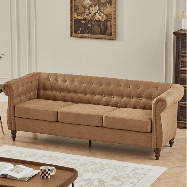Homfa 3 Seater Leatheraire Sofa for Living Room 84 Chesterfield Sofa Cushion Upholstered Button Tufted Back Couch with Nailhead Accent Scrolled