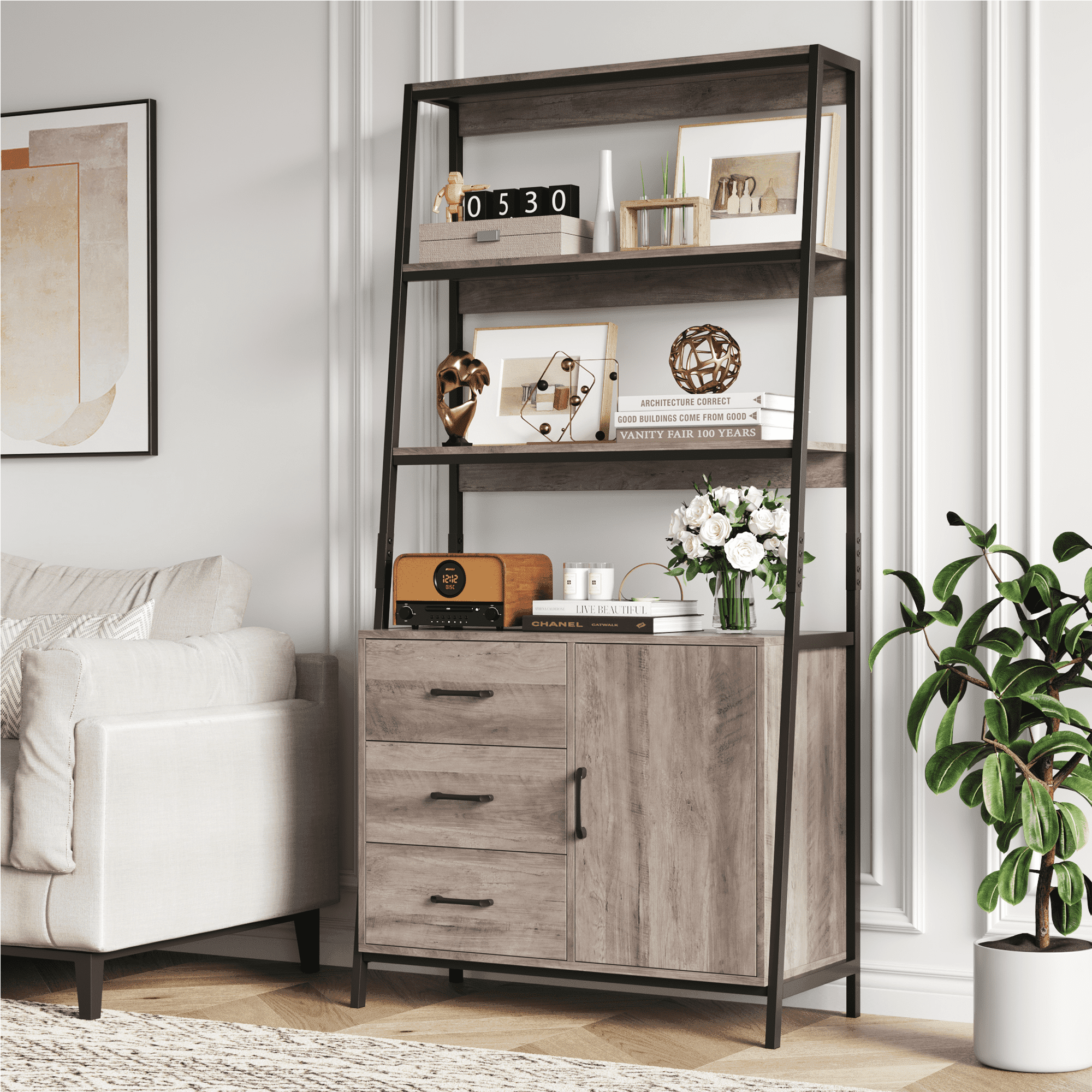 Homfa 3 Tier Metal Frame Ladder Bookshelf Display Storage Shelves with 3 Drawers Gray Finish