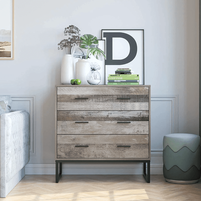Homfa 31.5 Wide 3 Drawer Dresser Wood Storage Cabinet Nightstand for Bedroom Living Room Wash Gray