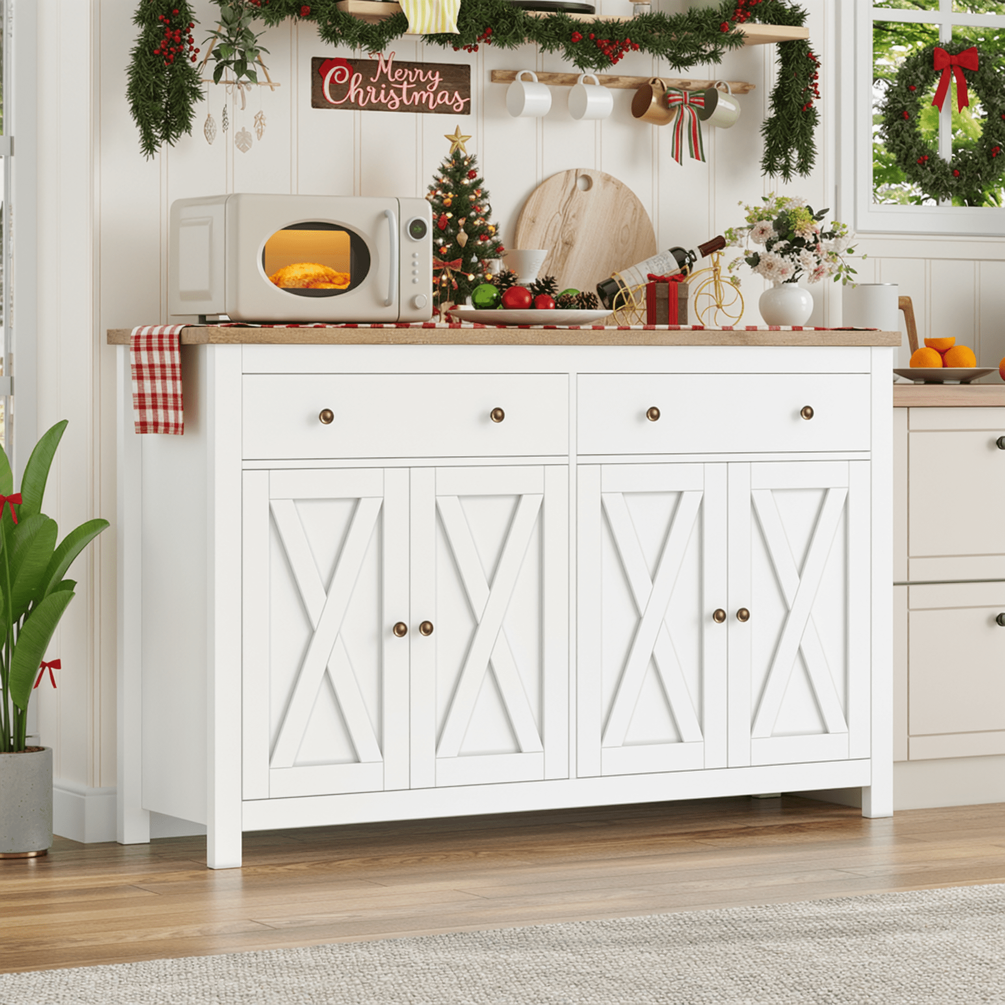 Homfa Farmhouse Storage Cabinet, White Wood Sideboard with 4 Doors, 2 ...